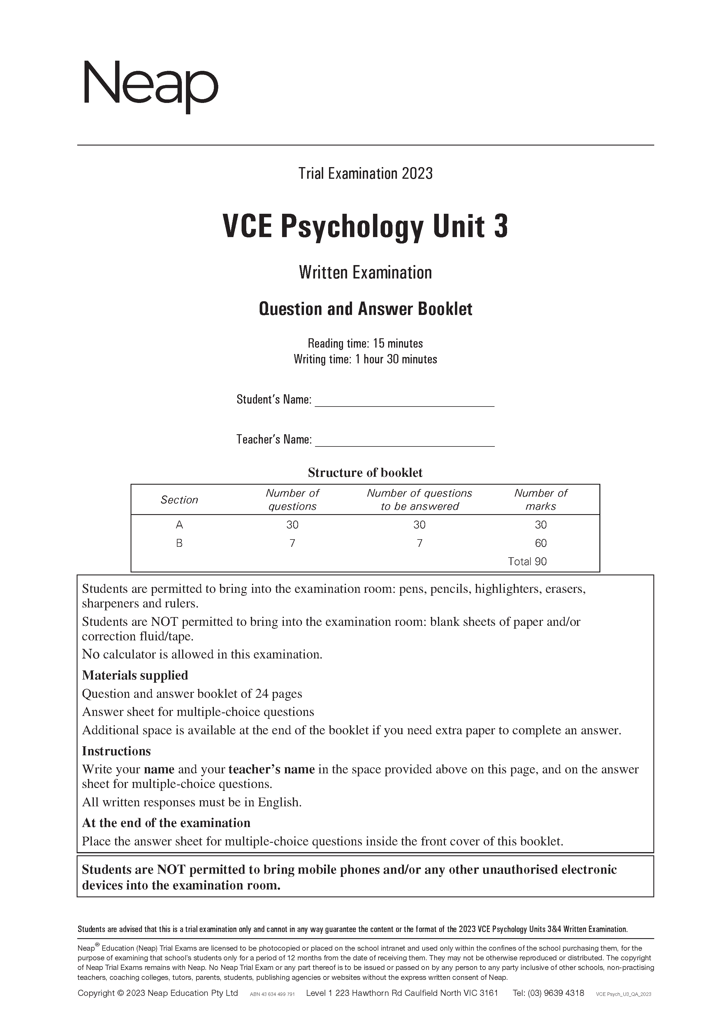 Neap Trial Exam: 2023 VCE Psychology Unit 3 – ATAR Notes