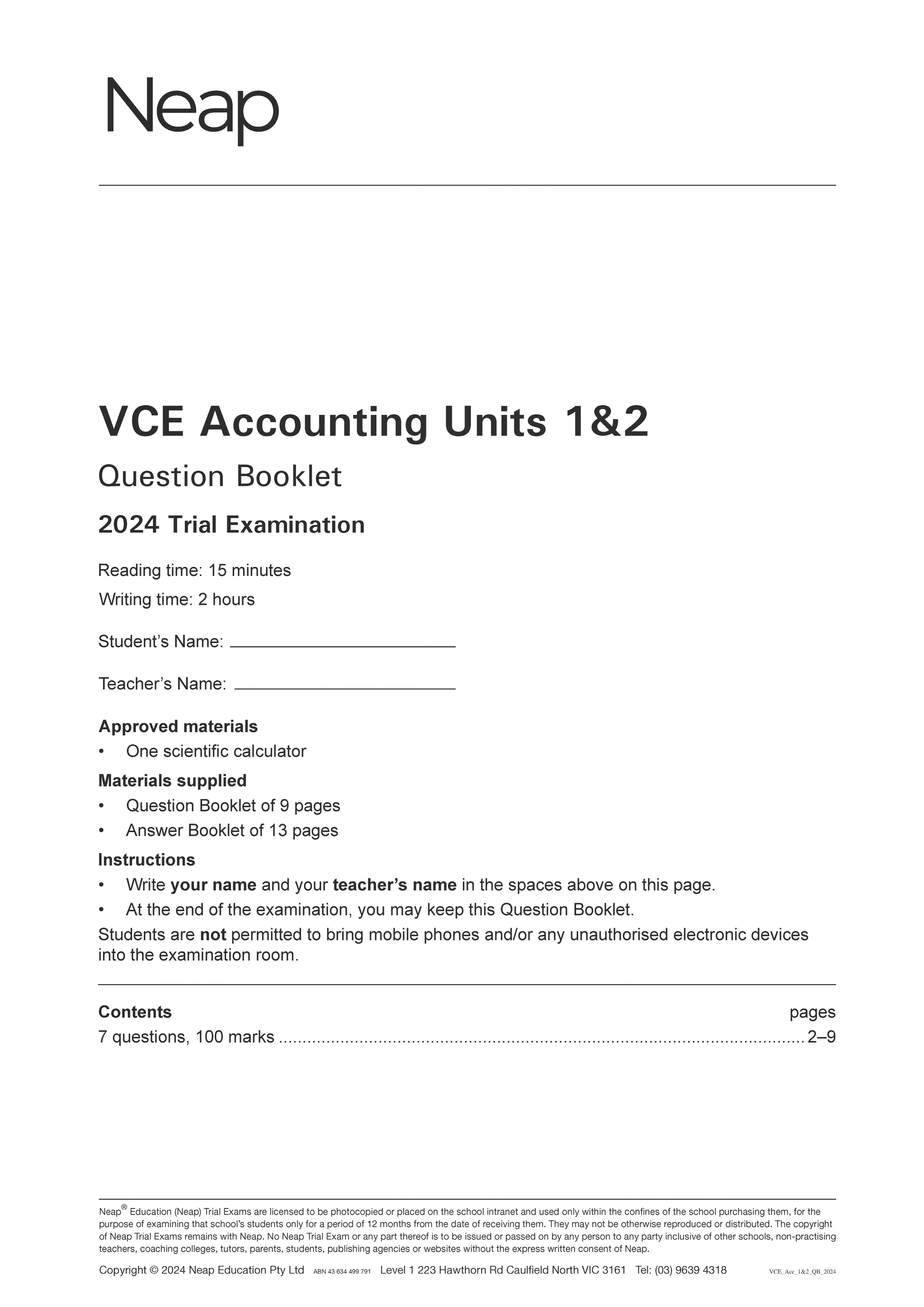 Neap Trial Exam: 2024 VCE Accounting Units 1&2 – ATAR Notes
