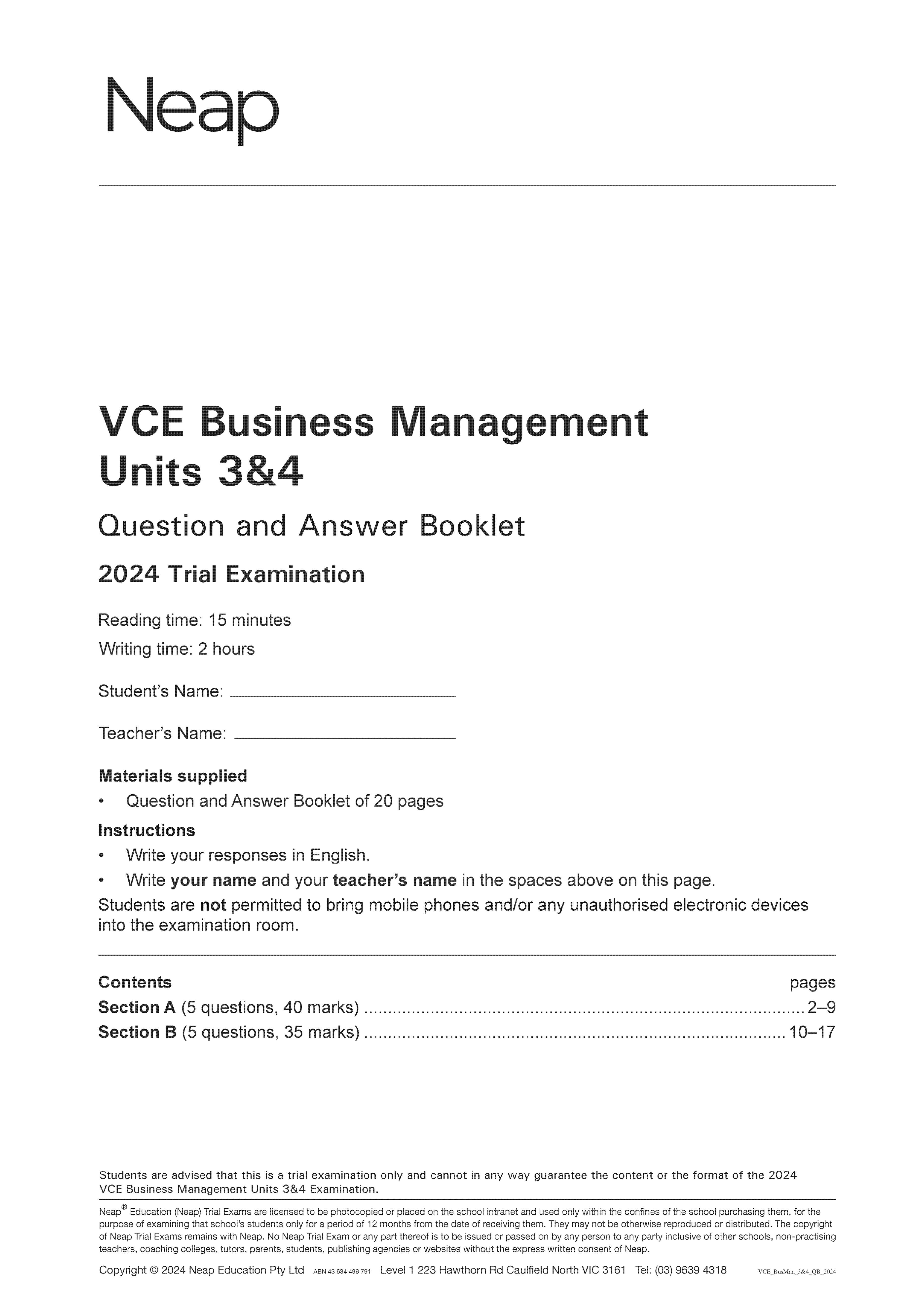 Neap Practice Exam: 2024 VCE Business Management Units 3&4 – ATAR Notes
