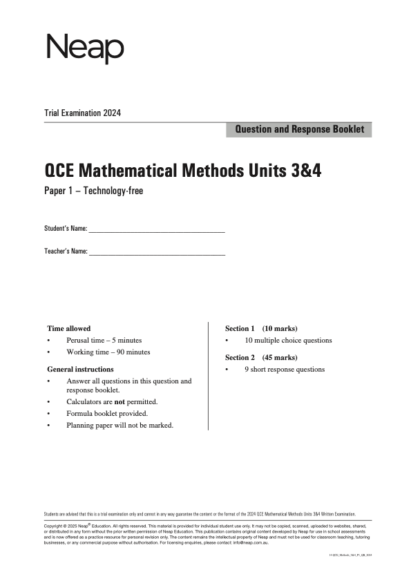 Neap Practice Exam: 2024 QCE Maths Methods Units 3&4 (Papers 1 and 2 ...