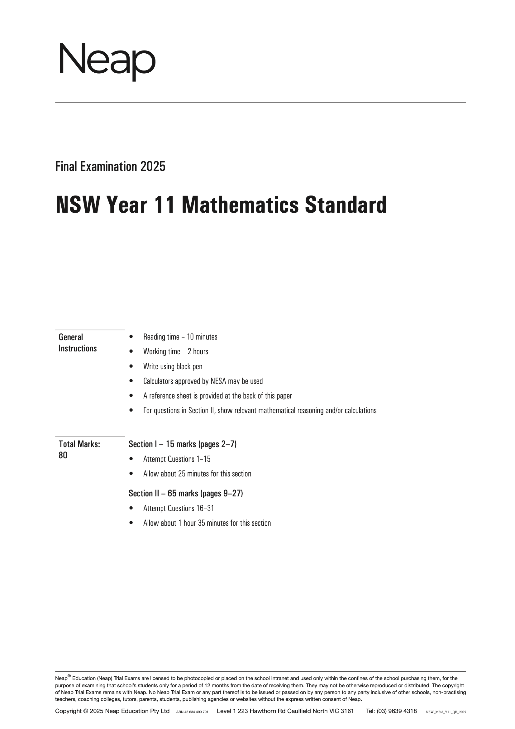 Neap Practice Exam: 2025 HSC Year 11 Maths Standard (Digital) – ATAR Notes