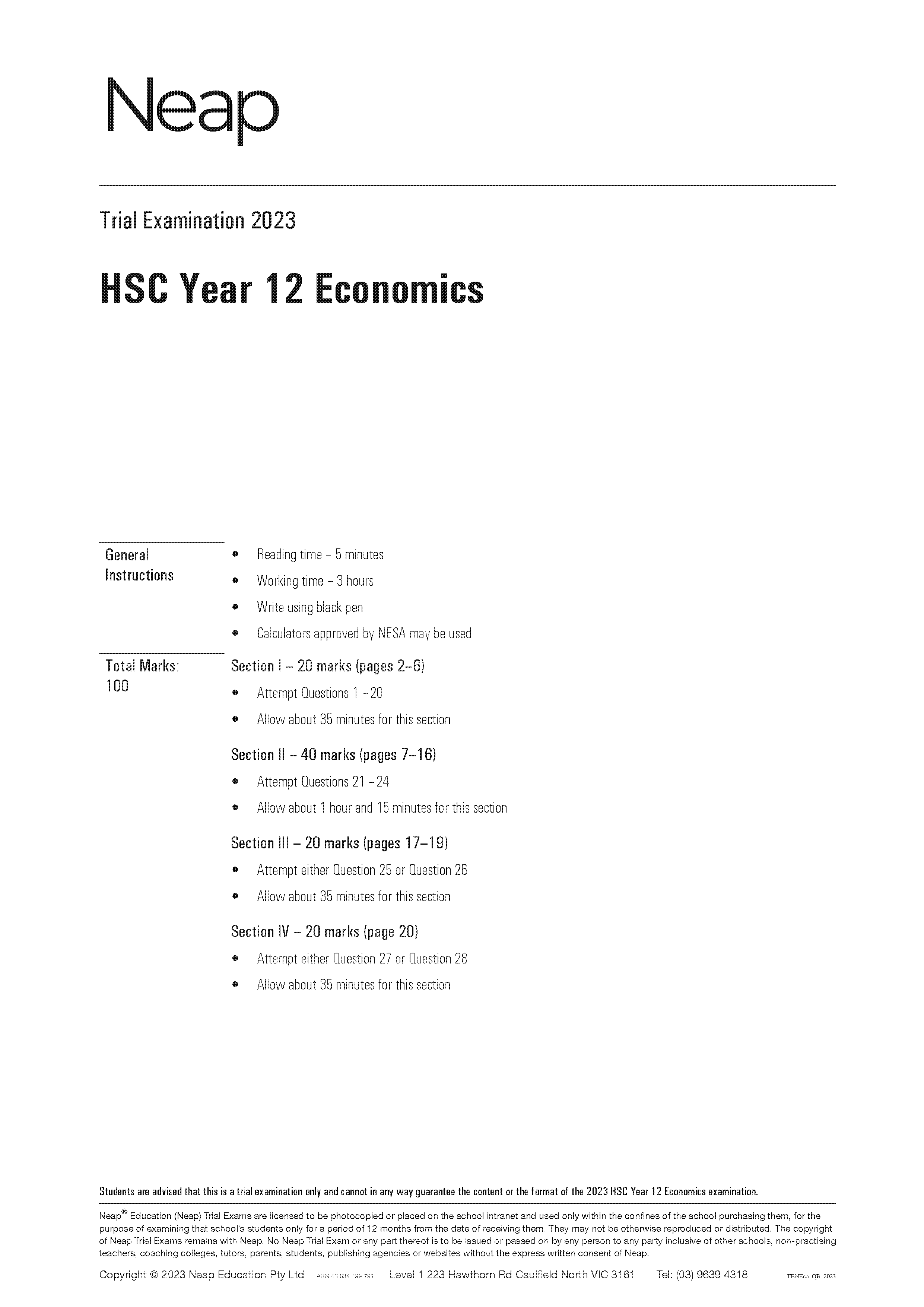 Neap Trial Exam: 2023 HSC Year 12 Economics – ATAR Notes