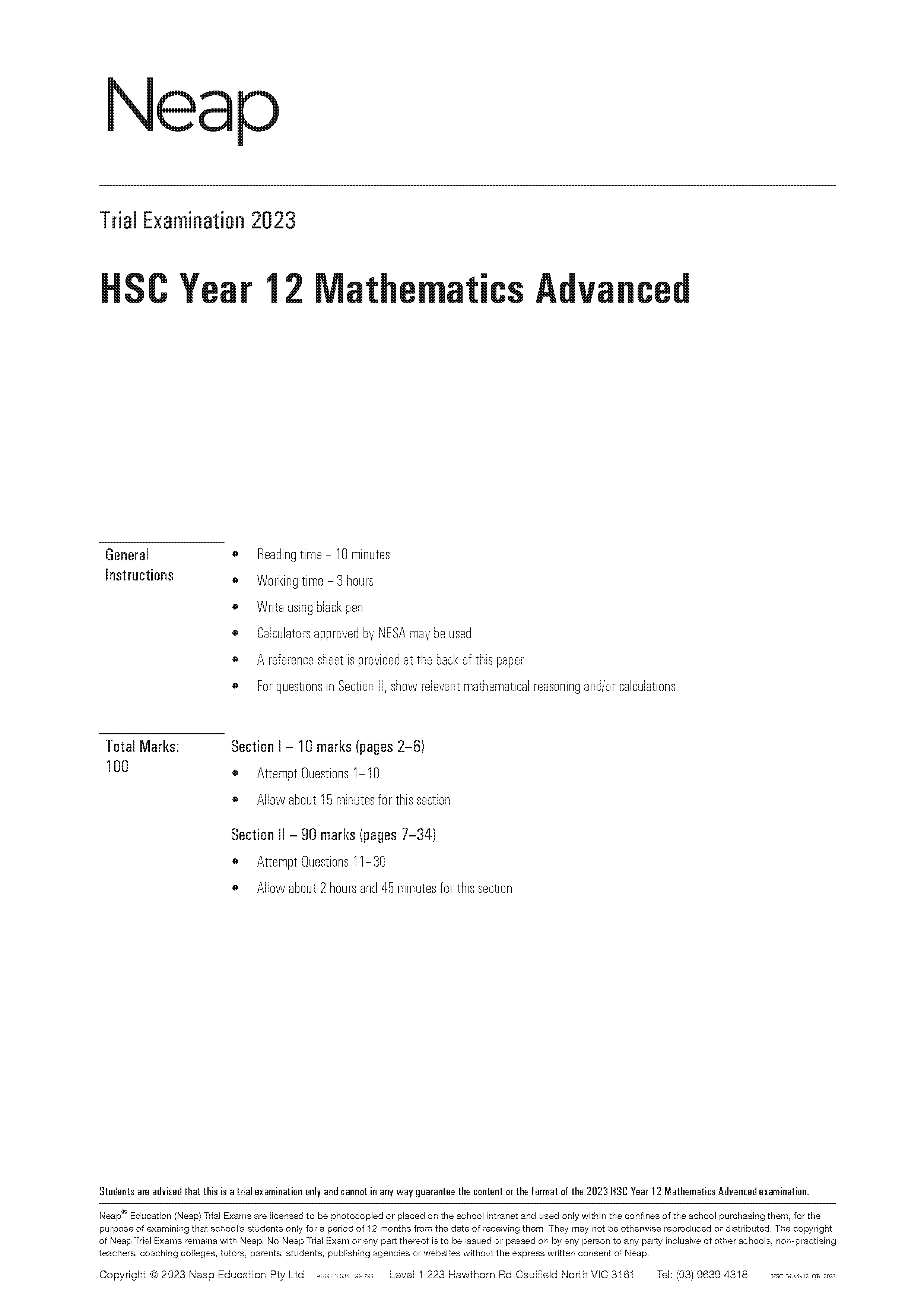 Neap Practice Exam: 2023 HSC Year 12 Maths Advanced (Digital) – ATAR Notes