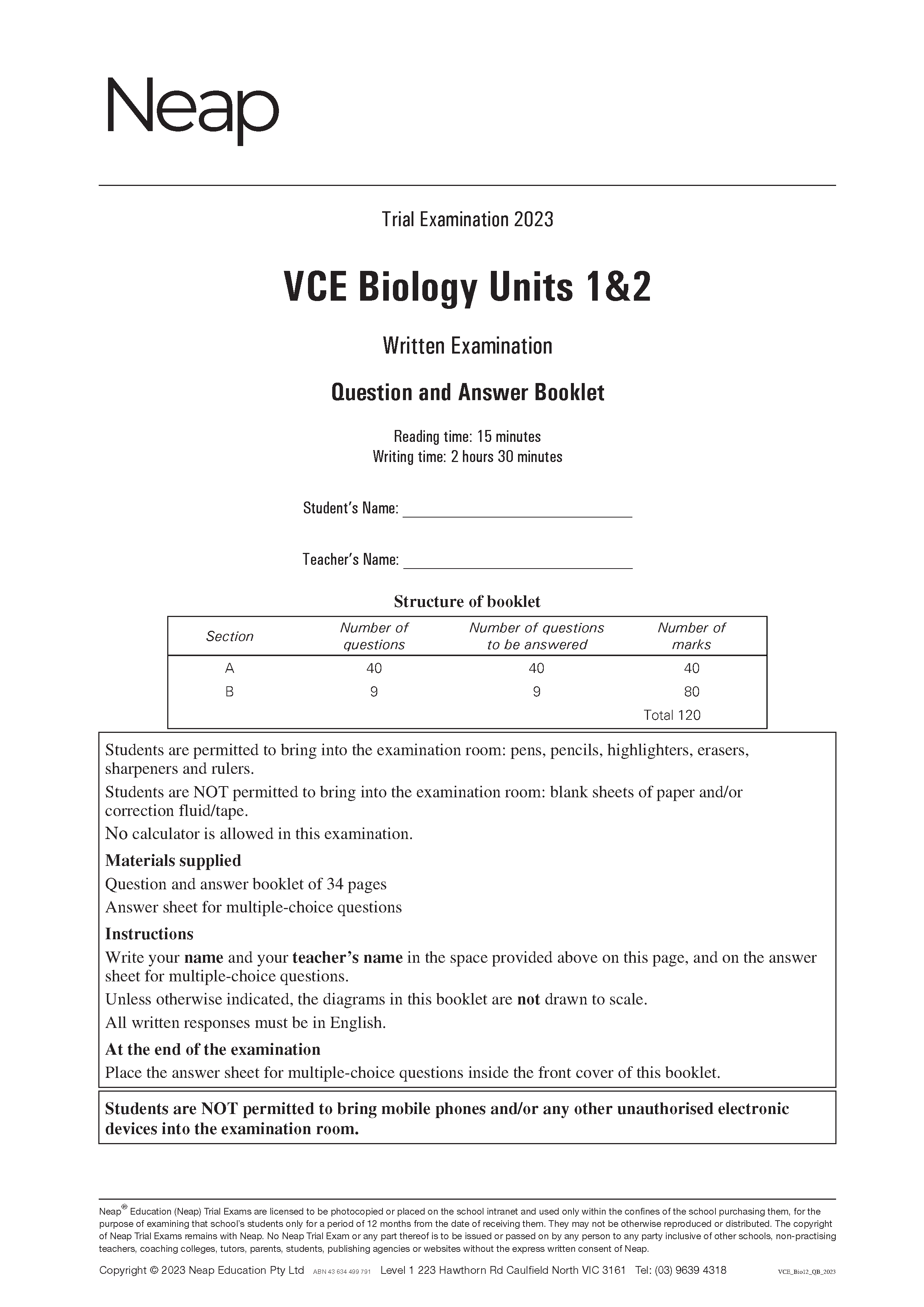 Neap Practice Exam: 2023 VCE Biology Units 1&2 – ATAR Notes