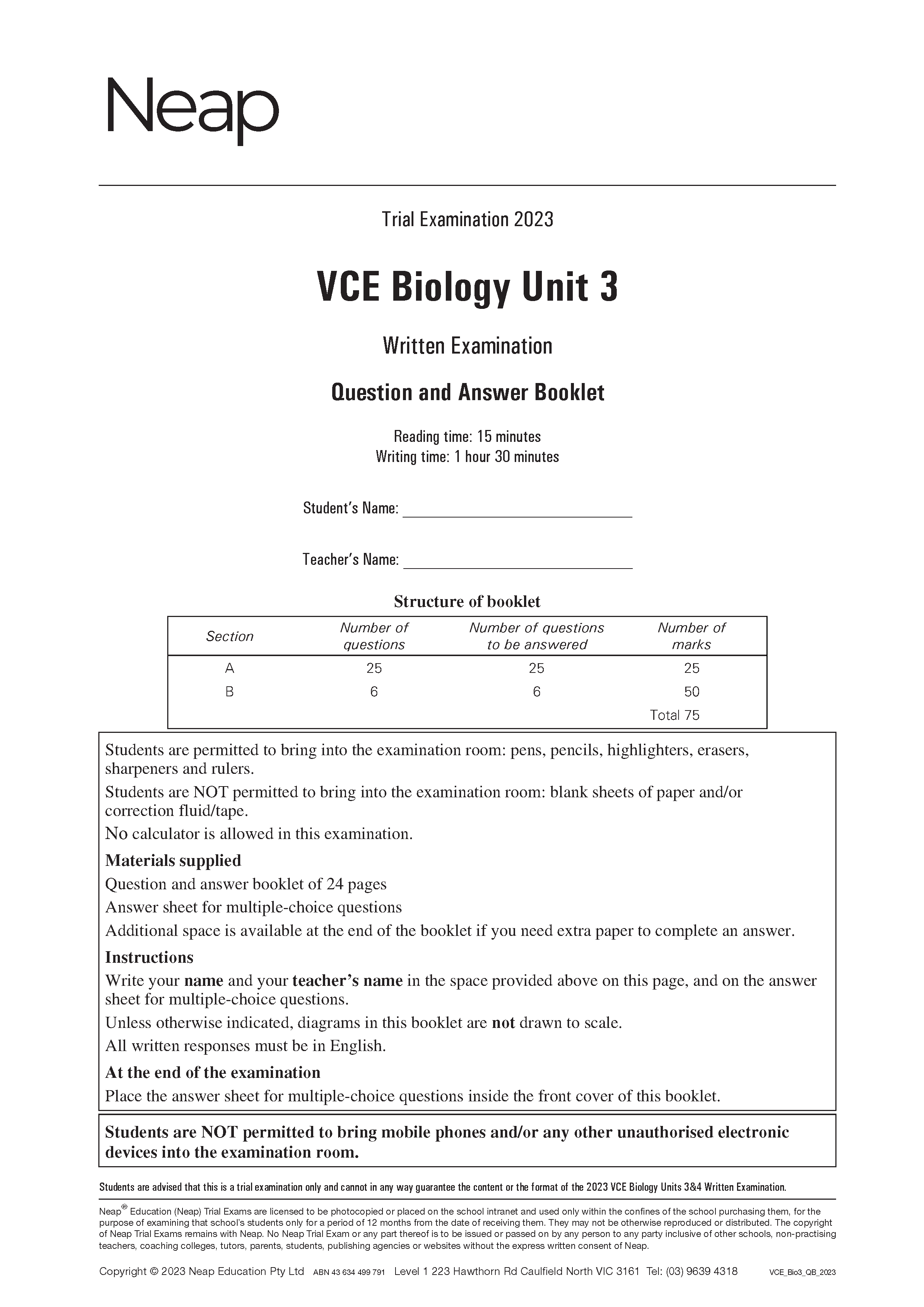 Neap Trial Exam: 2023 VCE Biology Unit 3 – ATAR Notes