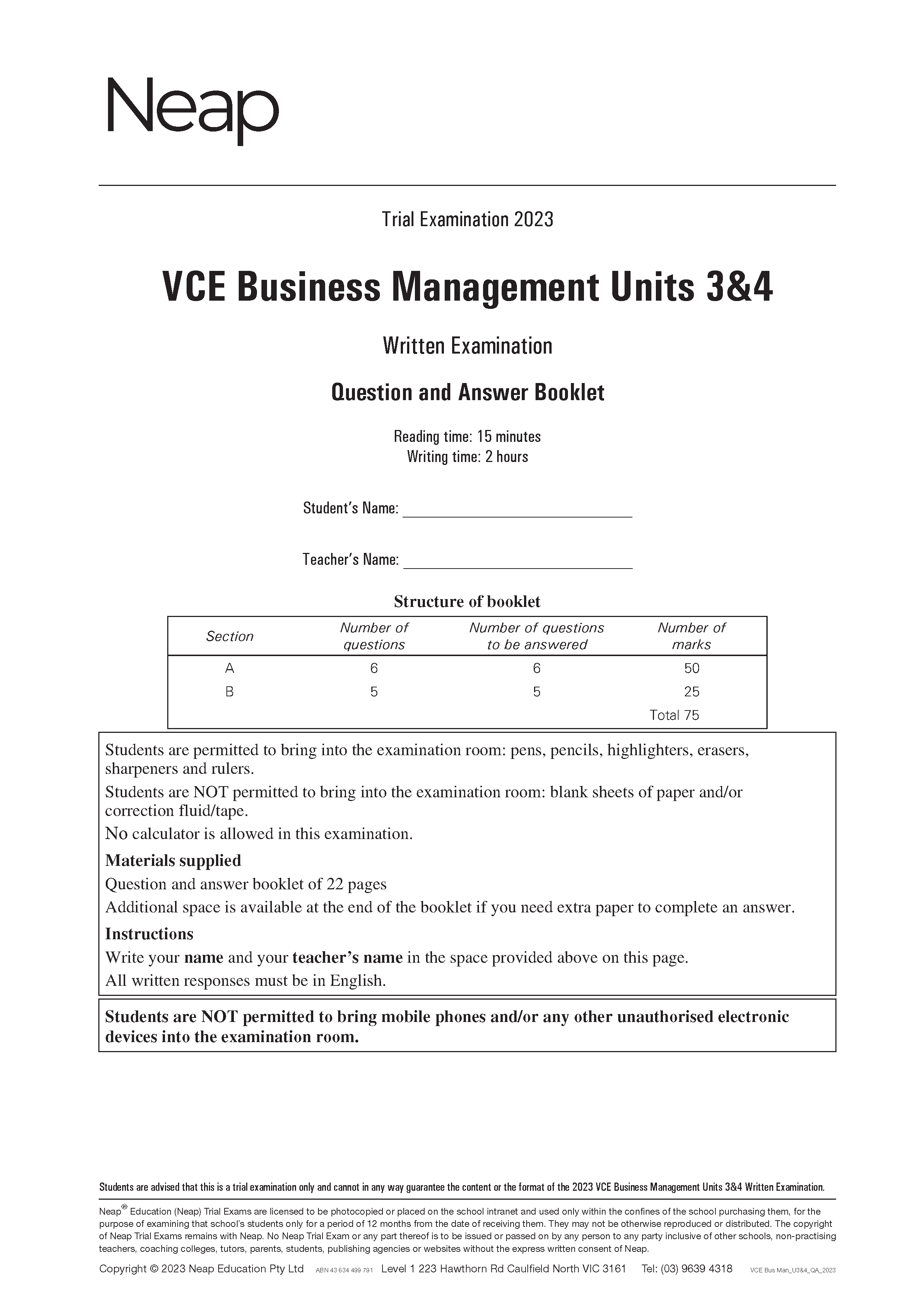 Neap Practice Exam: 2023 VCE Business Management Units 3&4 – ATAR Notes