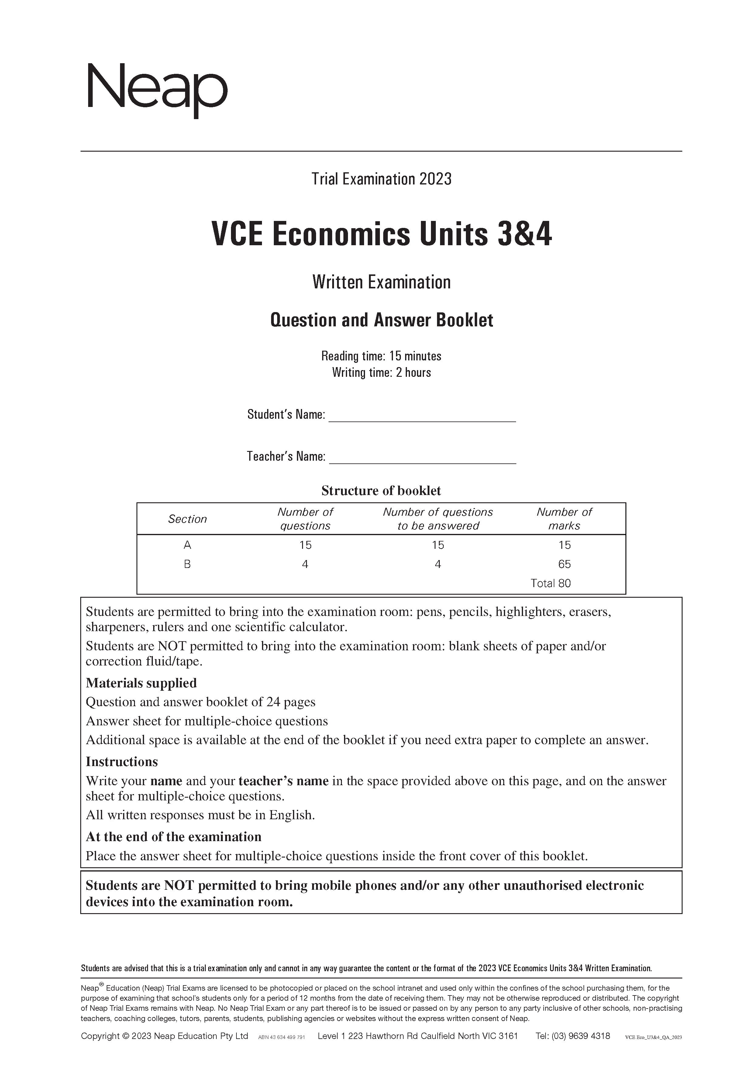Neap Trial Exam: 2023 VCE Economics Units 3&4 – ATAR Notes