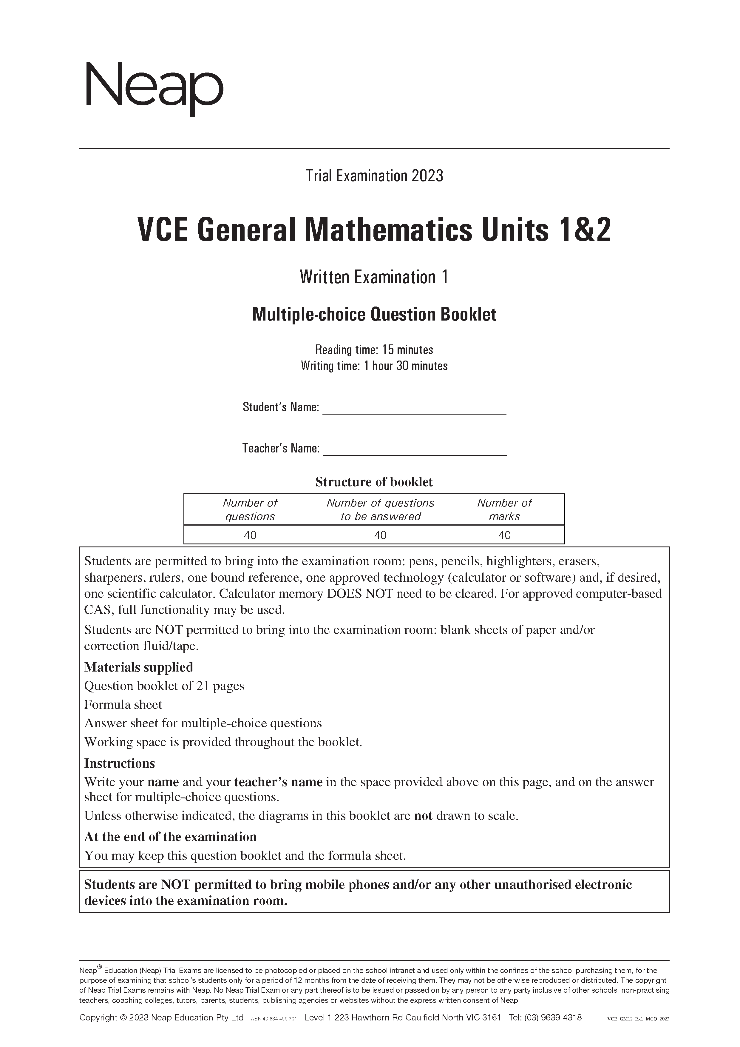 Neap Practice Exam: 2023 VCE General Maths Units 1&2 – ATAR Notes