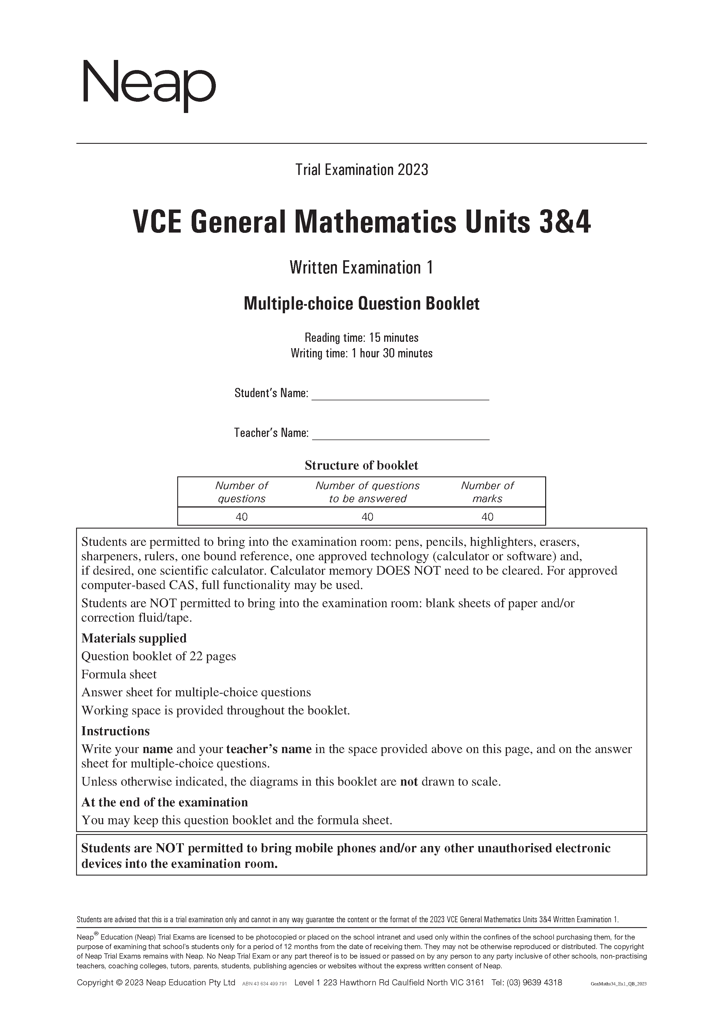 Neap Practice Exam: 2023 VCE General Maths Units 3&4 (Digital) – ATAR Notes