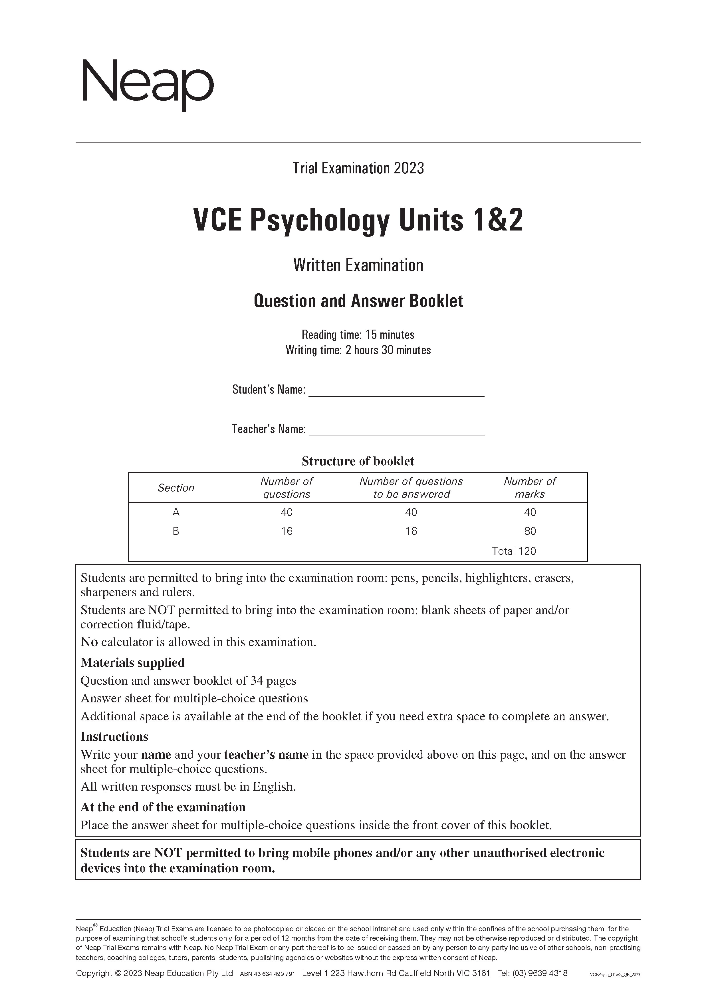 Neap Trial Exam: 2023 VCE Psychology Units 1&2 – ATAR Notes