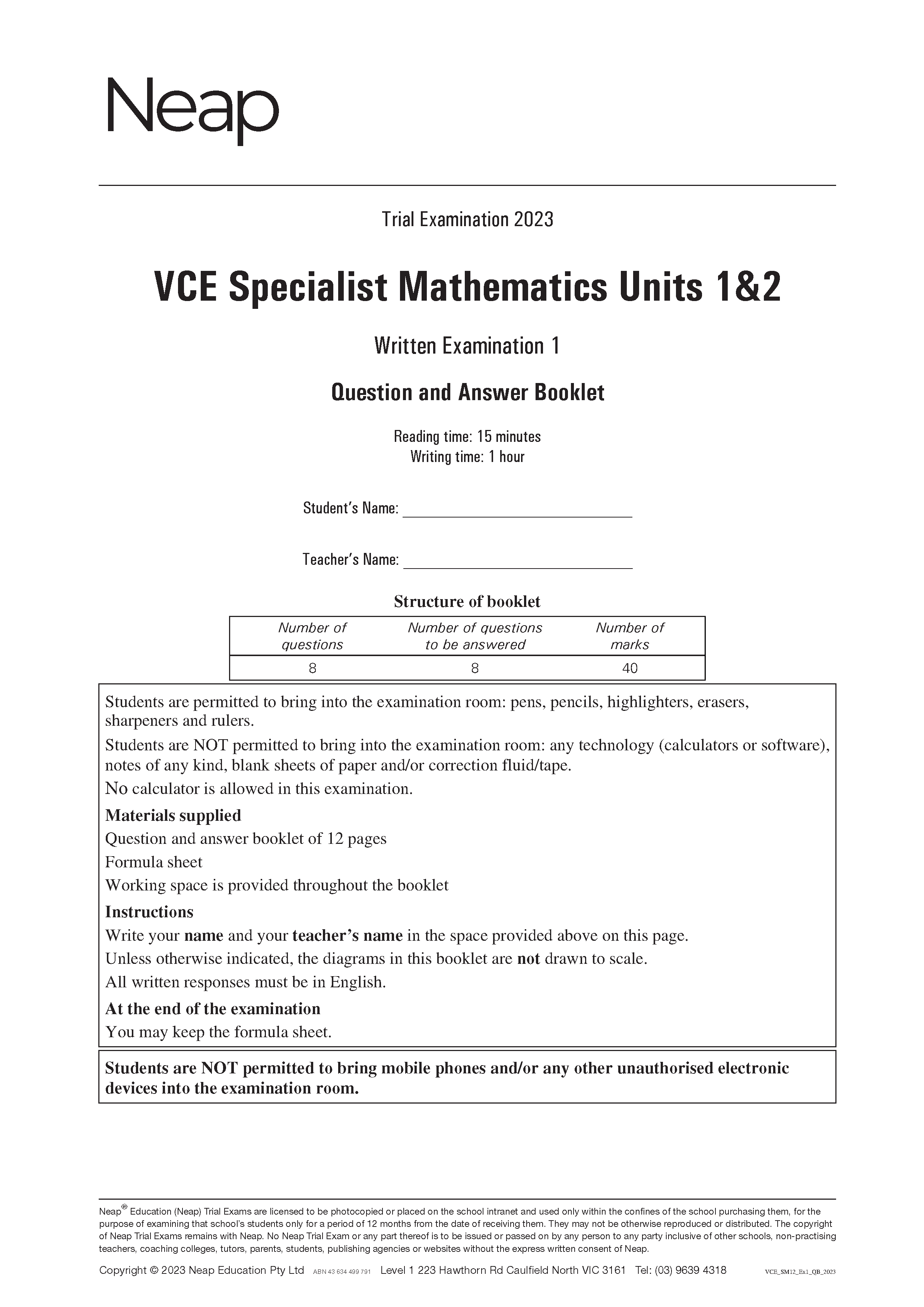 Neap Trial Exam: 2023 VCE Specialist Maths Units 1&2 – ATAR Notes