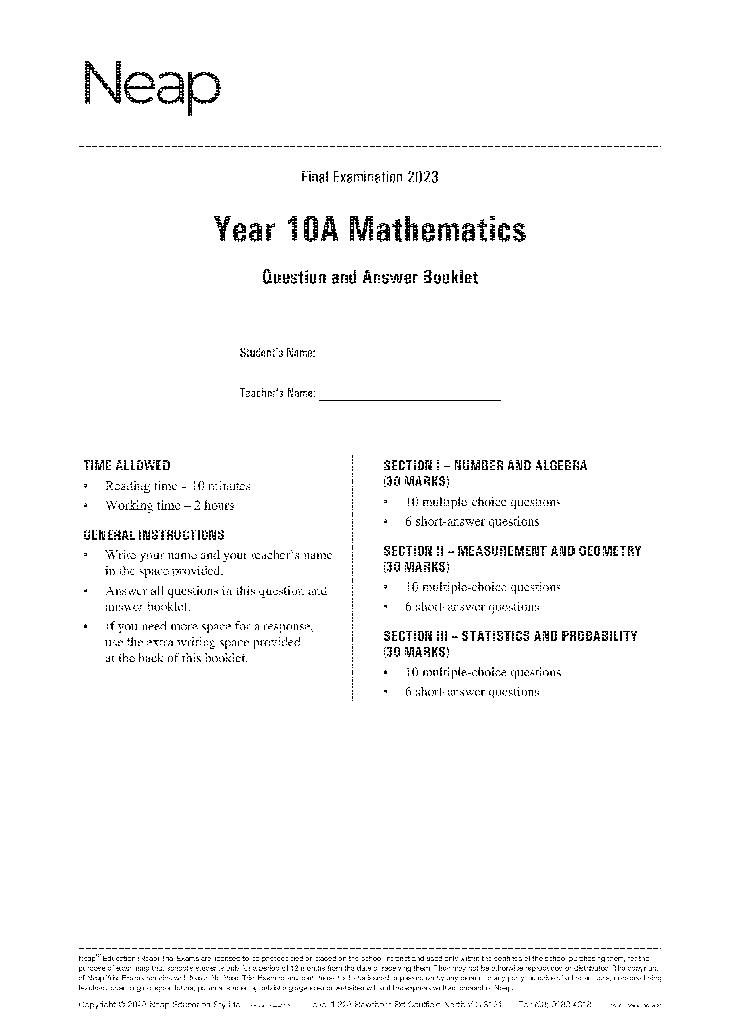 Neap Practice Exam: 2023 Year 10 Maths Advanced (Digital) – ATAR Notes