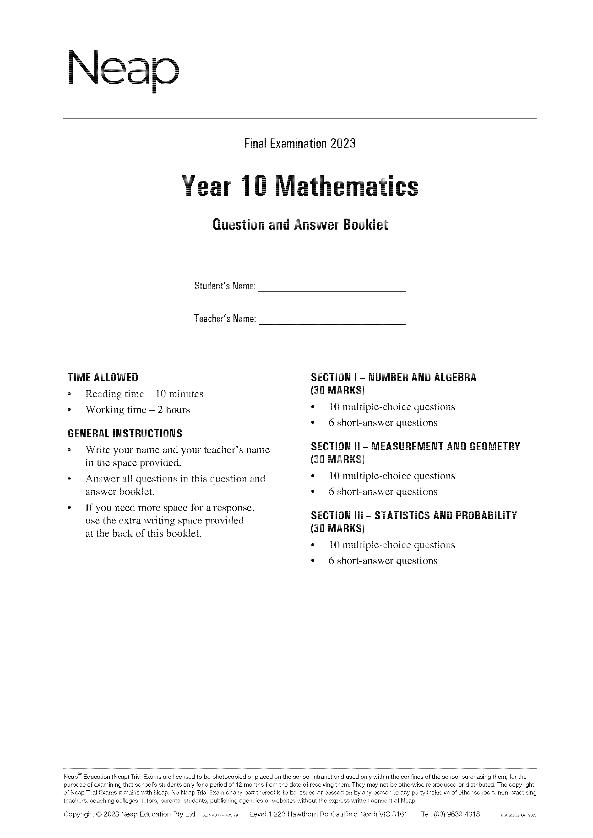 Neap Trial Exam: 2023 Year 10 Maths – ATAR Notes