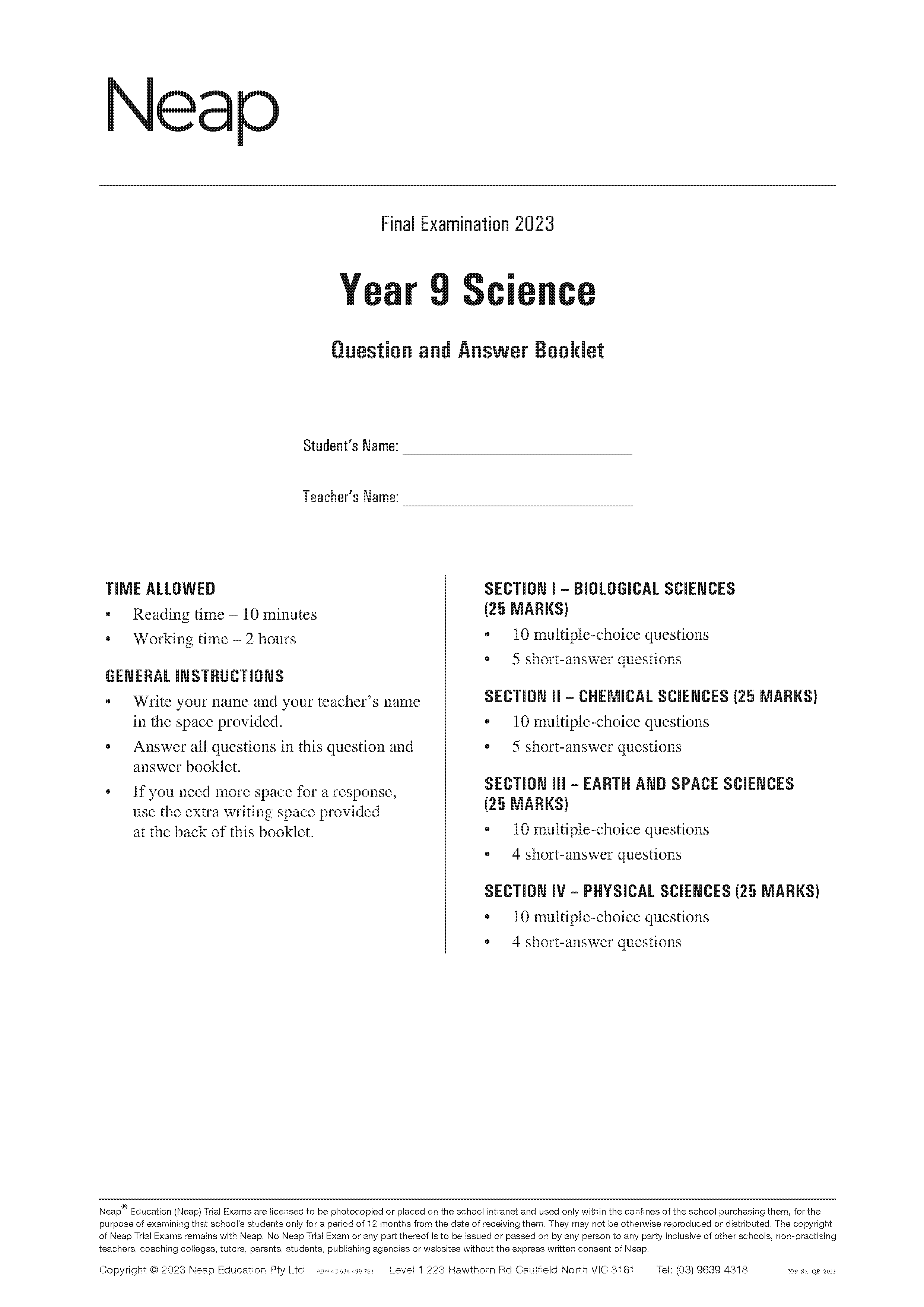 Neap Practice Exam: 2023 Year 9 Science (Digital) – ATAR Notes