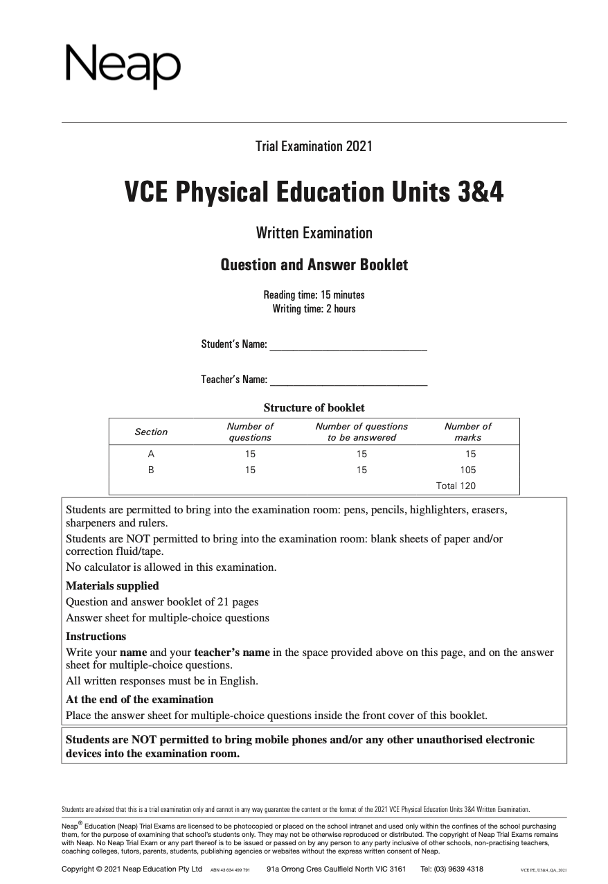 Neap Practice Exam: 2021 VCE Physical Education (PE) Units 3&4 – ATAR Notes