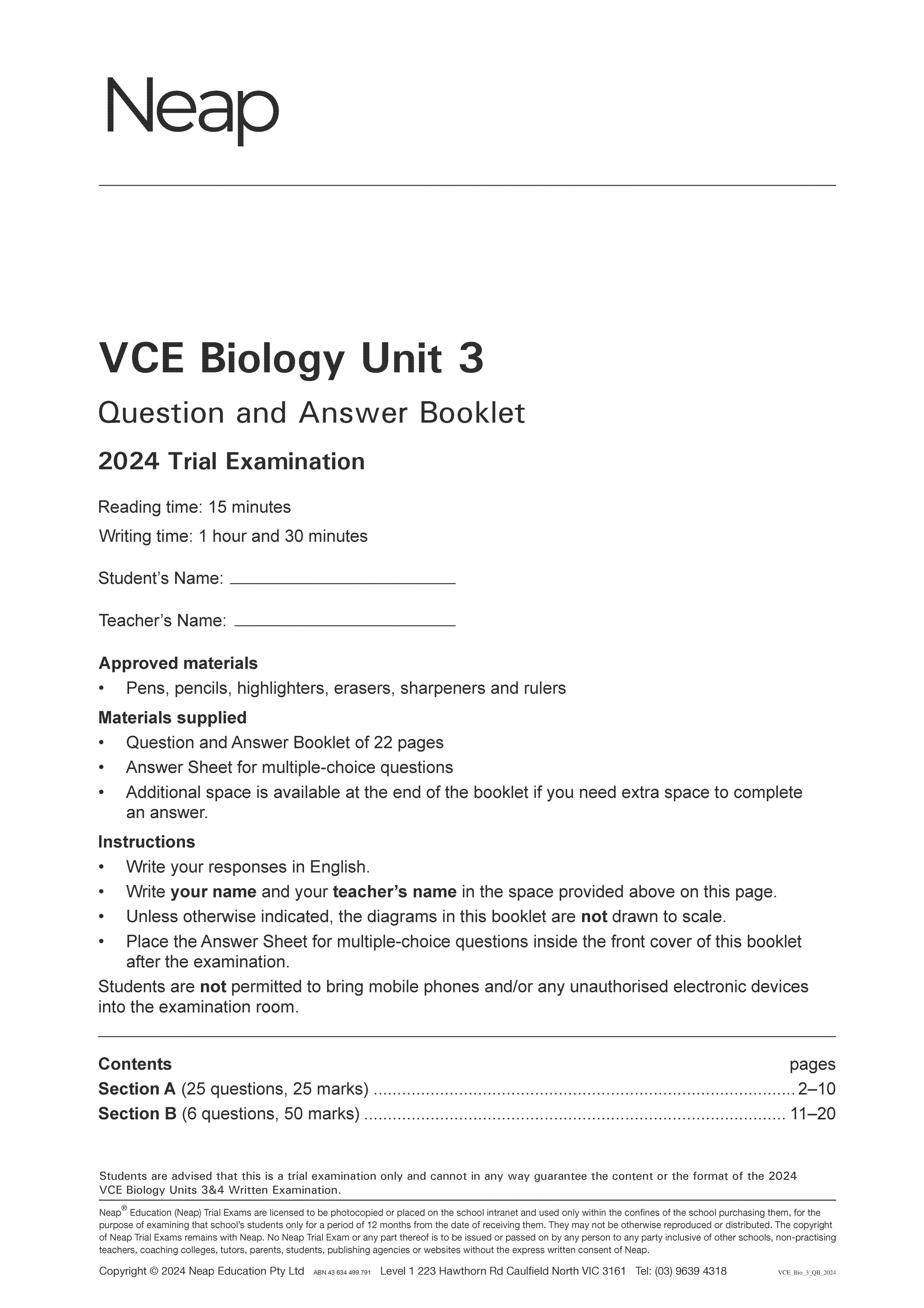 Neap Trial Exam: 2024 VCE Biology Unit 3 – ATAR Notes