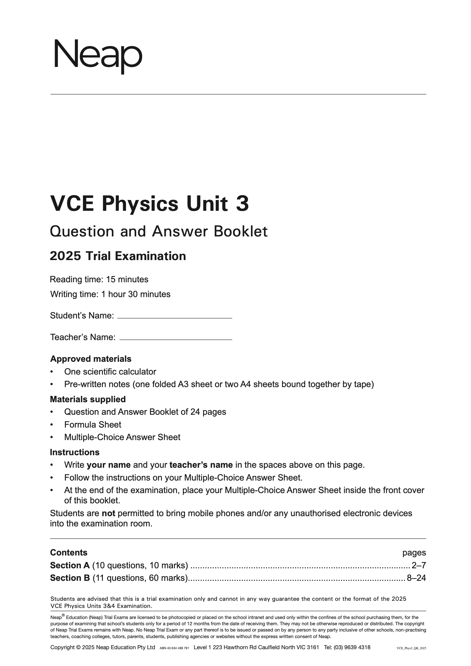 Neap Practice Exam: 2025 VCE Physics Unit 3 (Digital) – ATAR Notes