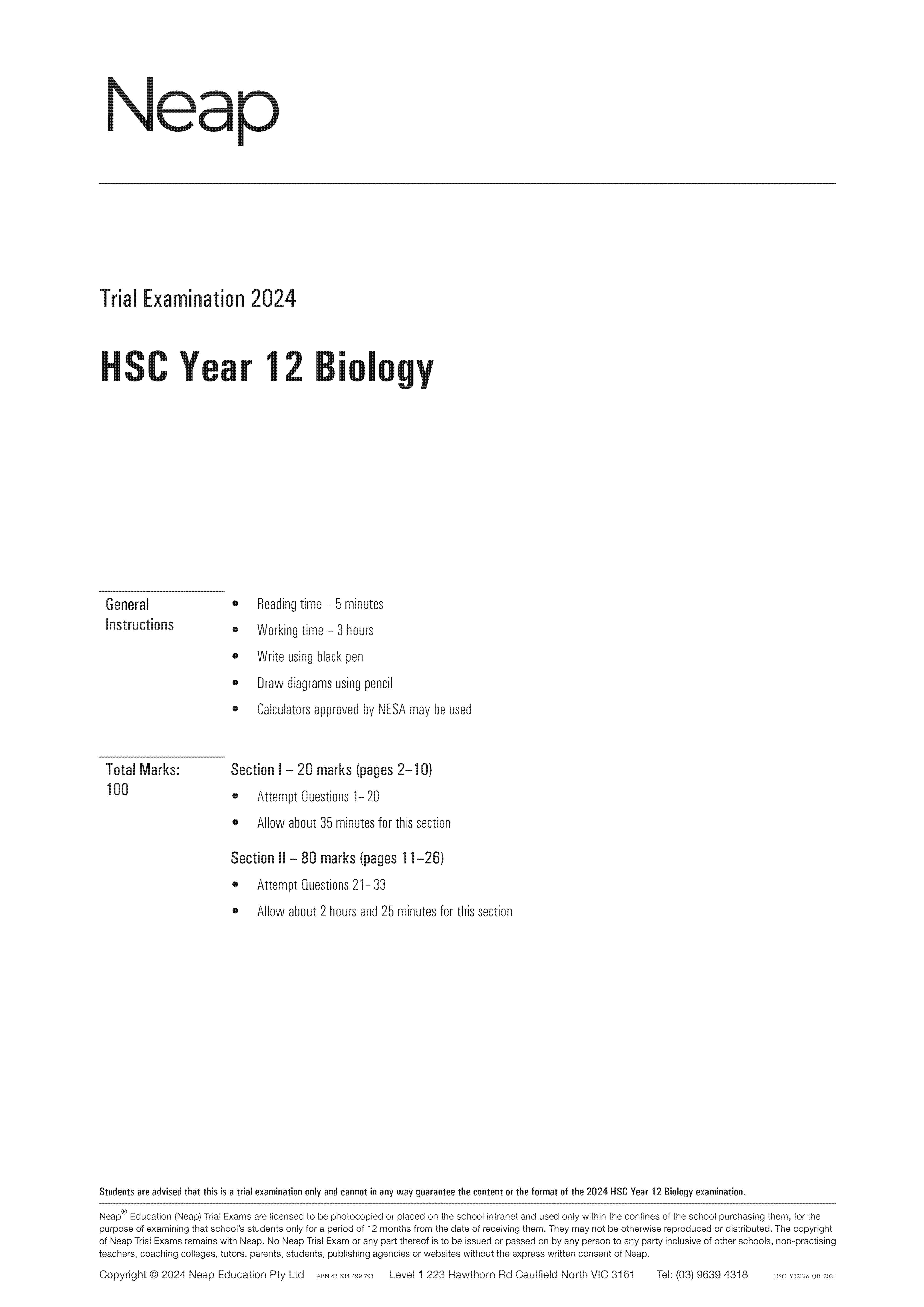 Neap Practice Exam: 2024 HSC Year 12 Biology – ATAR Notes