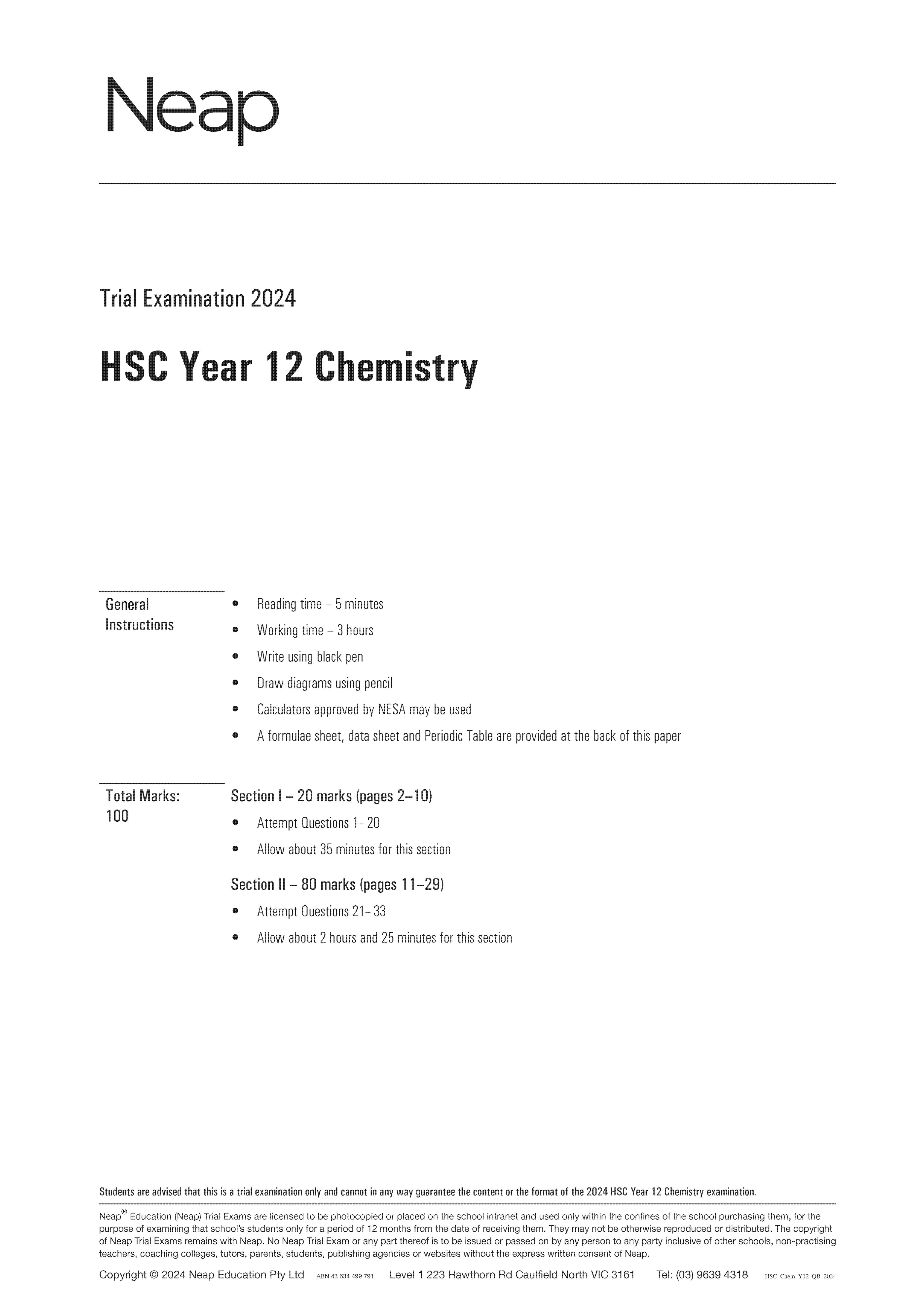 Neap Practice Exam: 2024 HSC Year 12 Chemistry – ATAR Notes