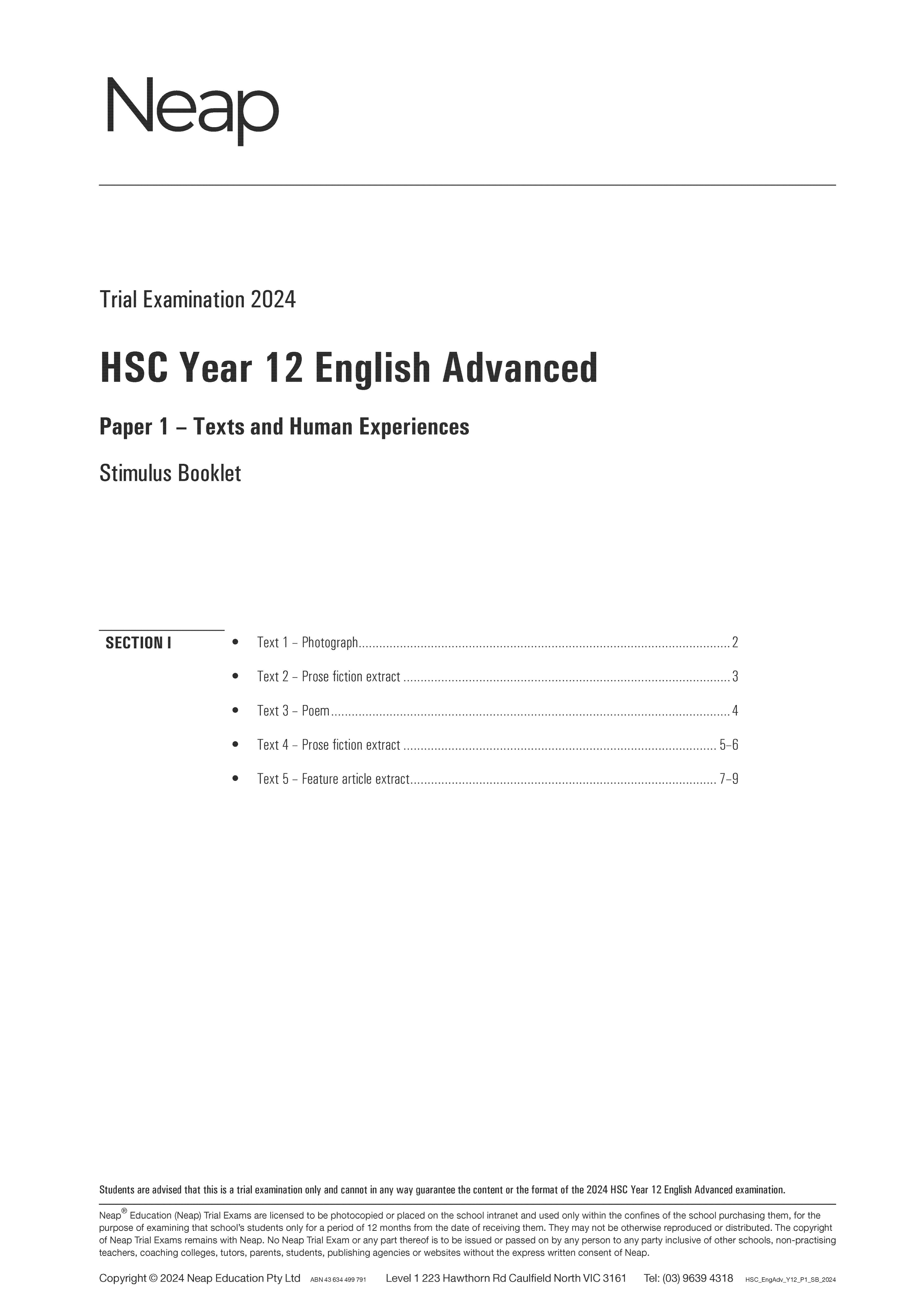 Neap Practice Exam: 2024 HSC Year 12 English Advanced – ATAR Notes