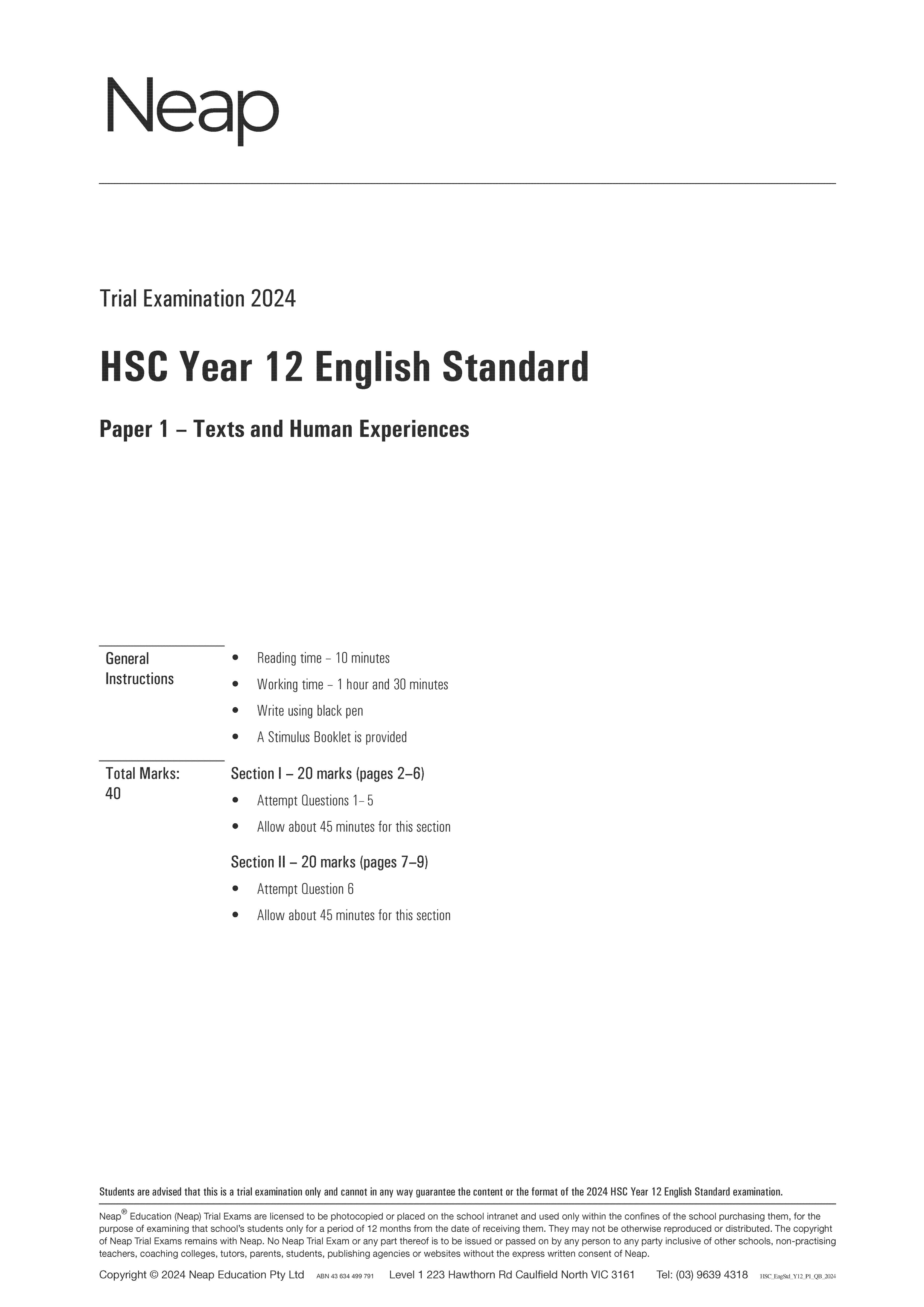 Neap Trial Exam: 2024 HSC Year 12 English Standard – ATAR Notes