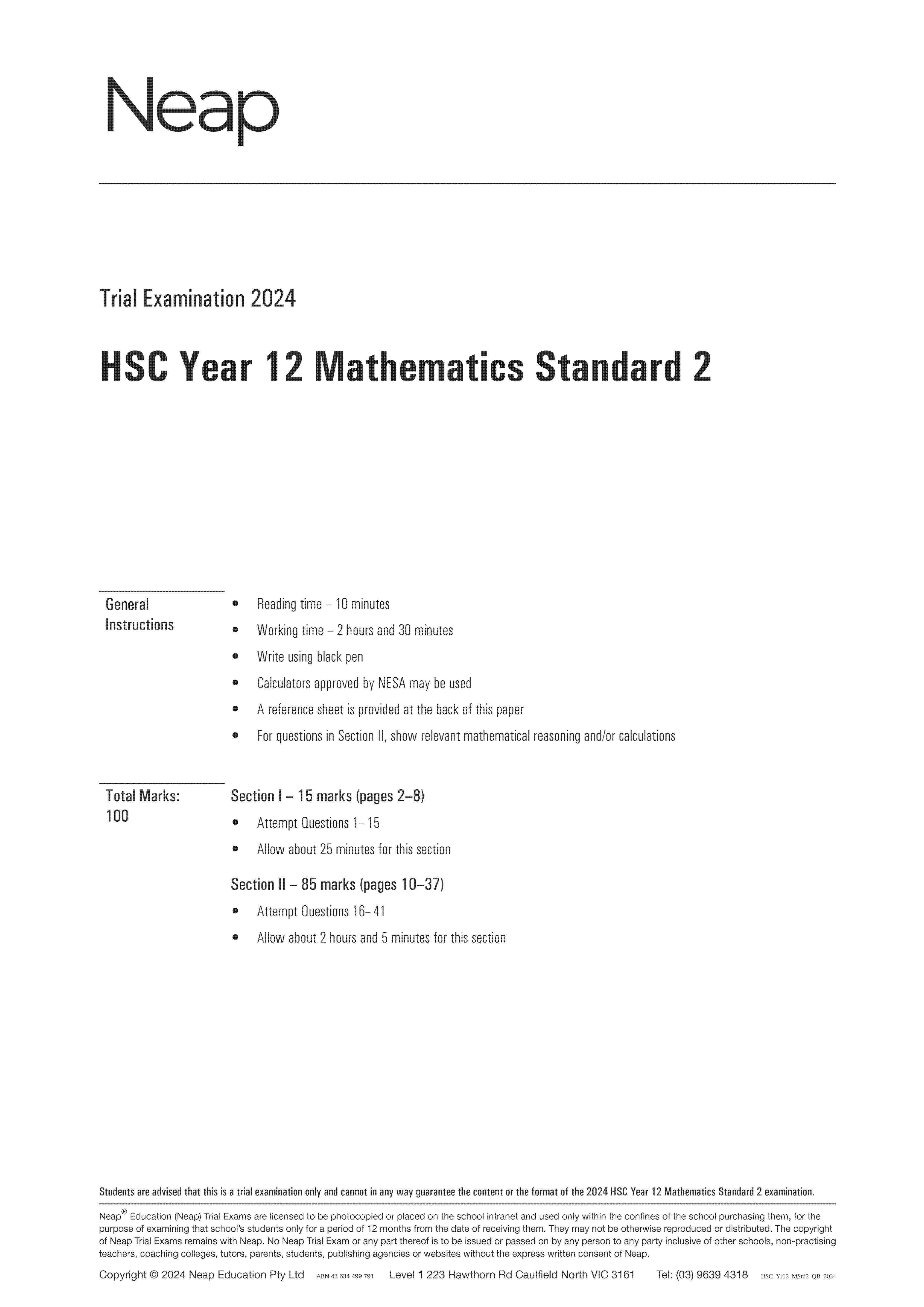 Neap Practice Exam: 2024 HSC Year 12 Maths Standard 2 – ATAR Notes