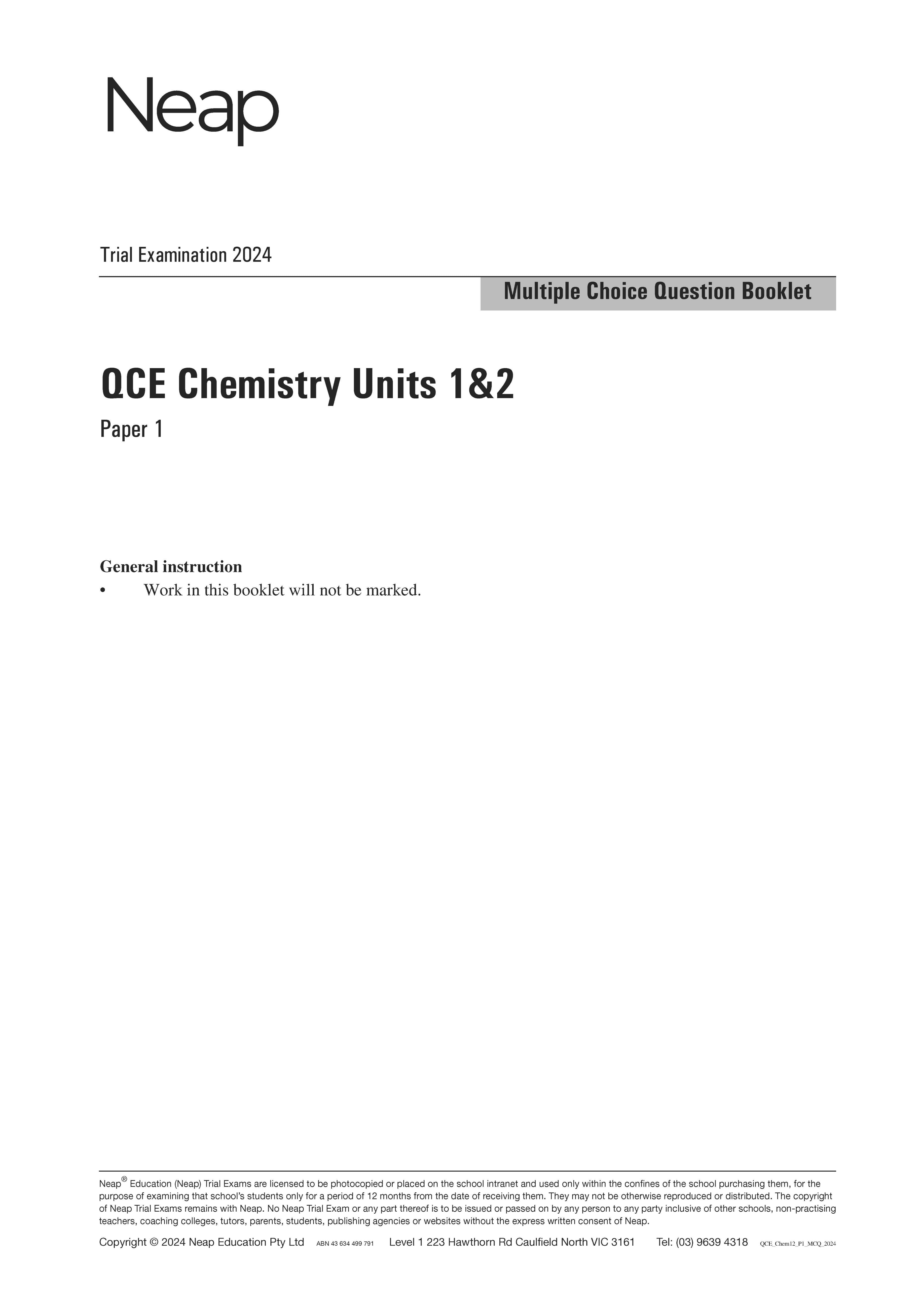 Neap Practice Exam: 2024 QCE Chemistry Units 1&2 (Papers 1 and 2) (Dig ...
