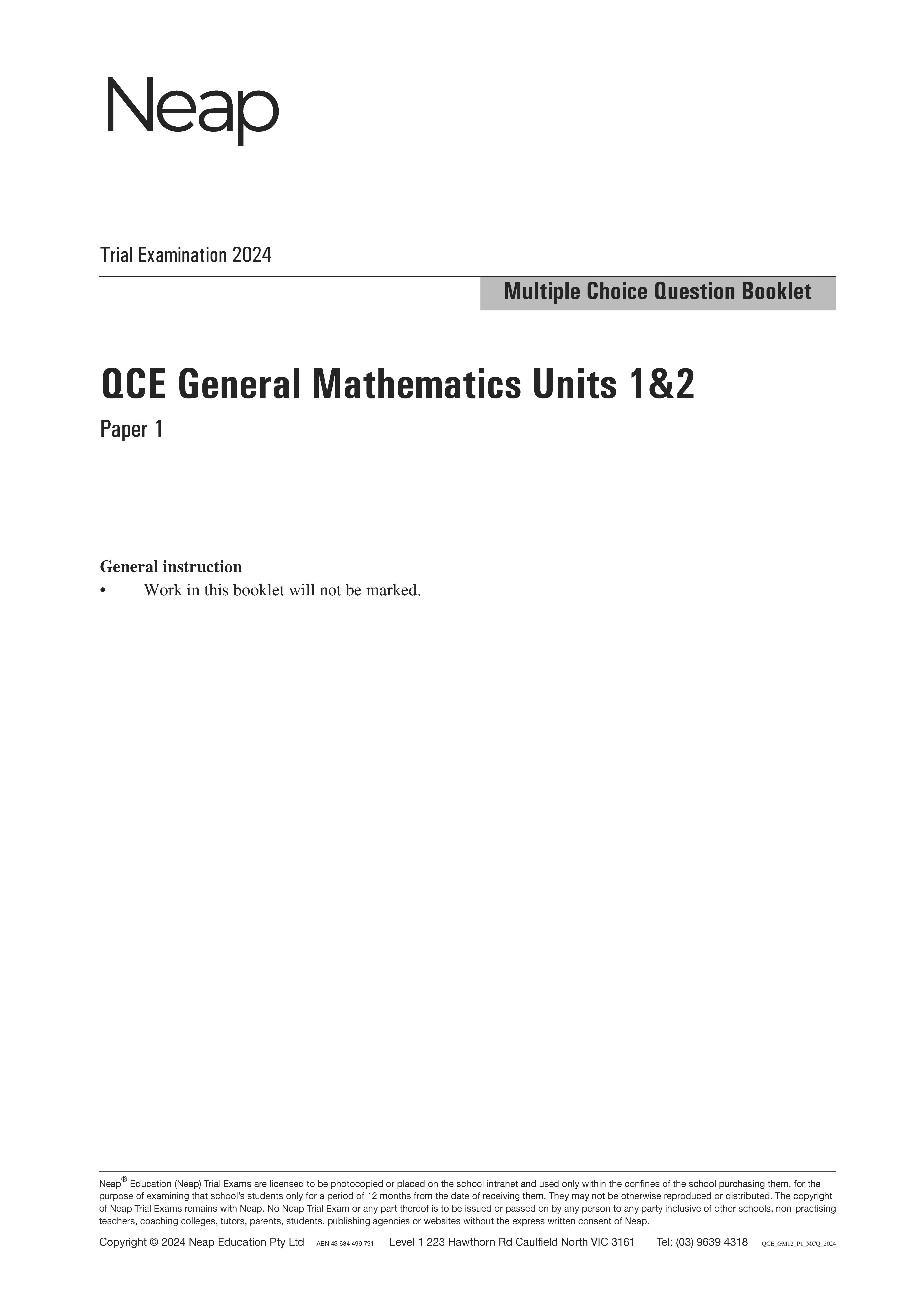 Neap Practice Exam: 2024 QCE General Maths Units 1&2 (Papers 1 and 2 ...