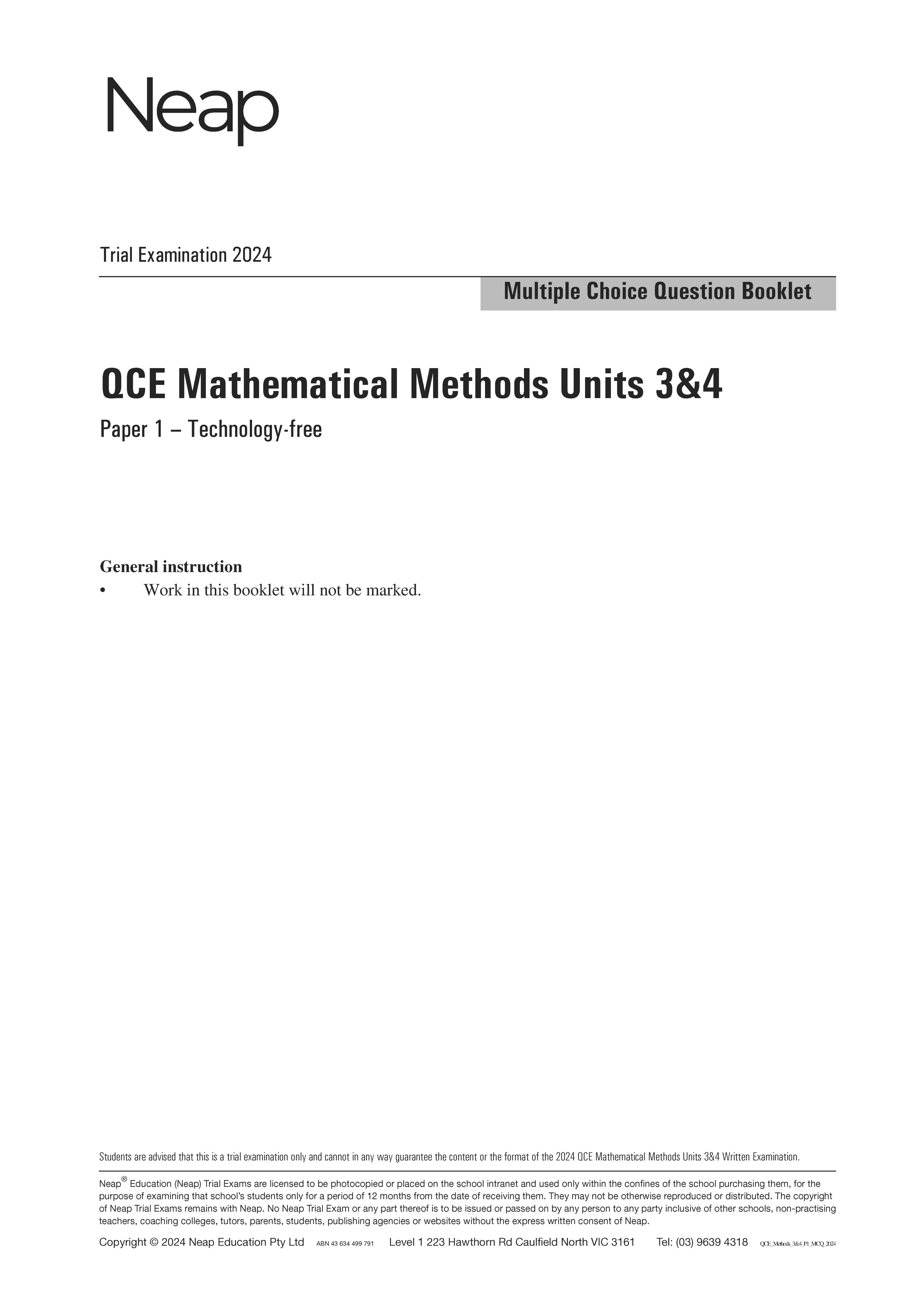 Neap Trial Exam: 2024 QCE Maths Methods Units 3&4 (Papers 1 and 2 ...