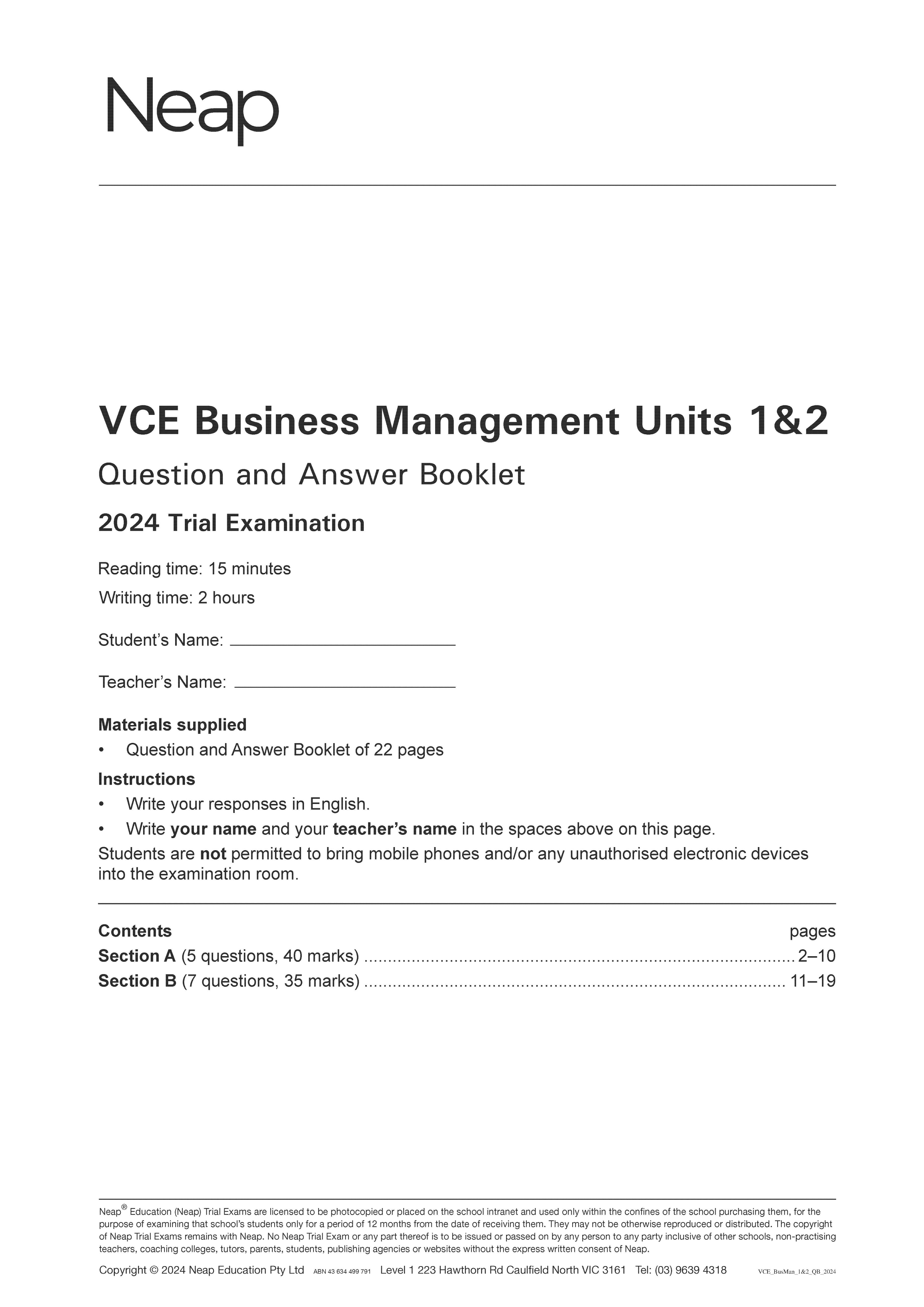 Neap Trial Exam: 2024 VCE Business Management Units 1&2 – ATAR Notes