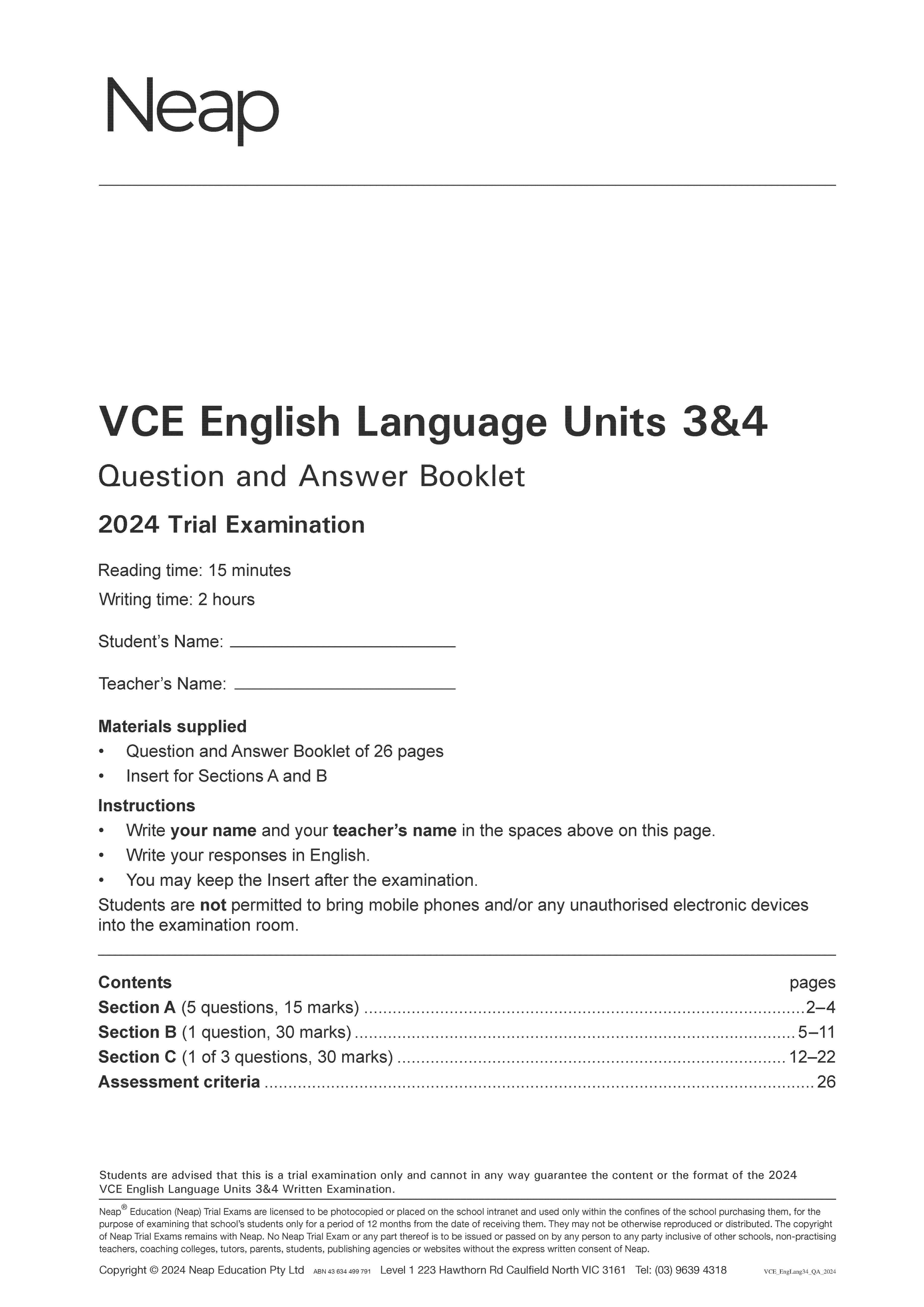 Neap Practice Exam: 2024 VCE English Language Units 3&4 – ATAR Notes