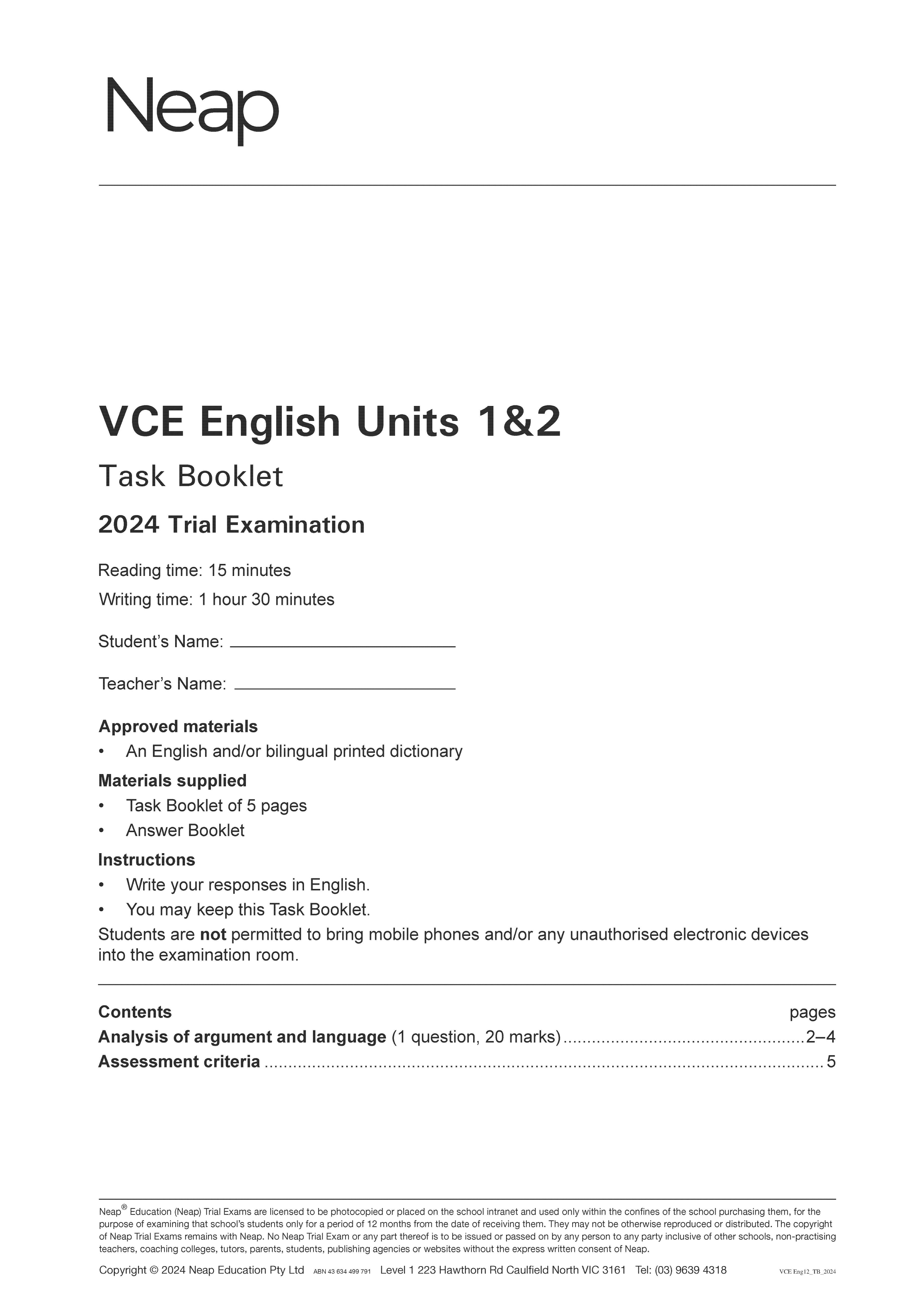 Neap Trial Exam: 2024 VCE English Units 1&2 – ATAR Notes