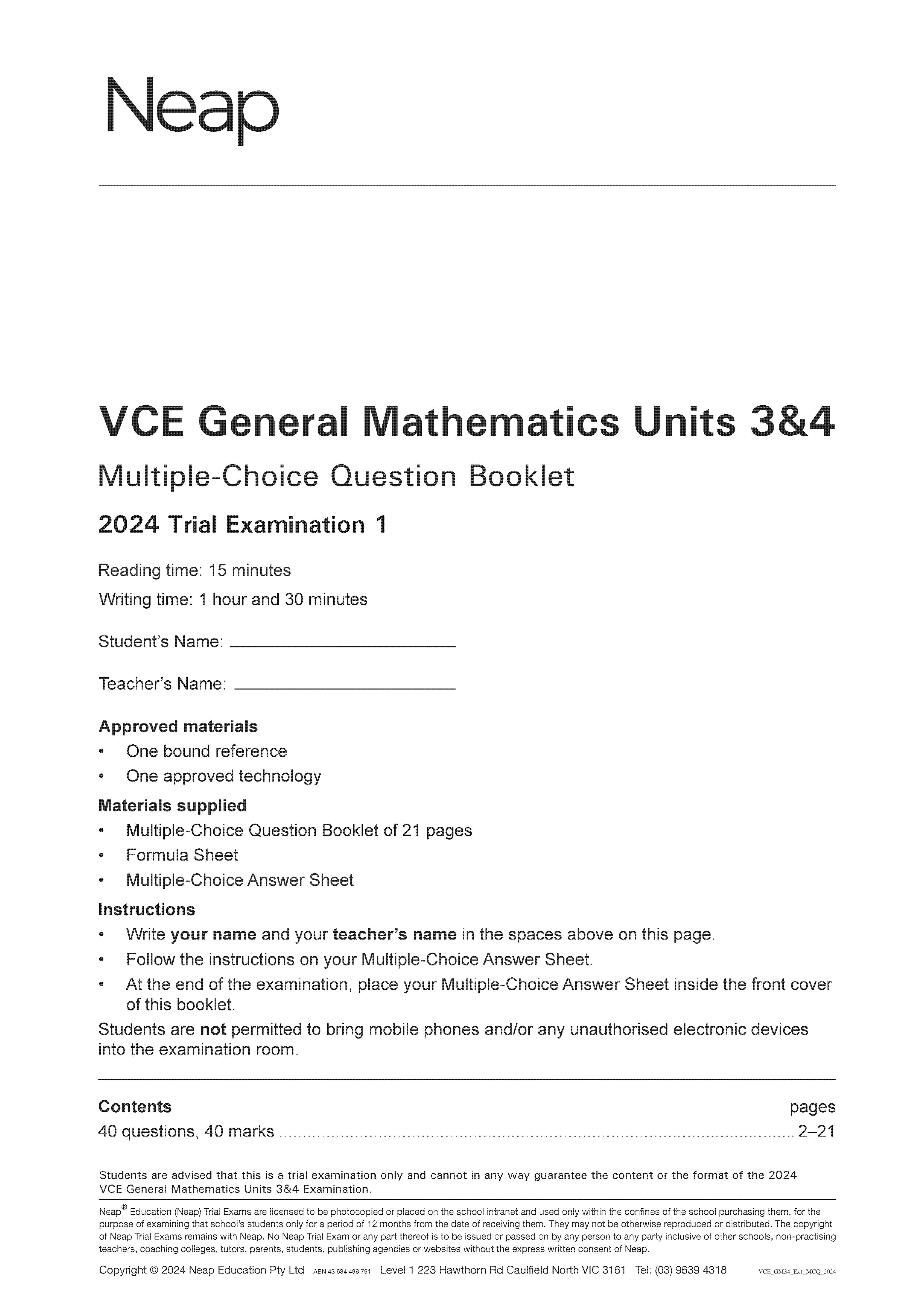 Neap Practice Exam: 2024 VCE General Maths Units 3&4 – ATAR Notes