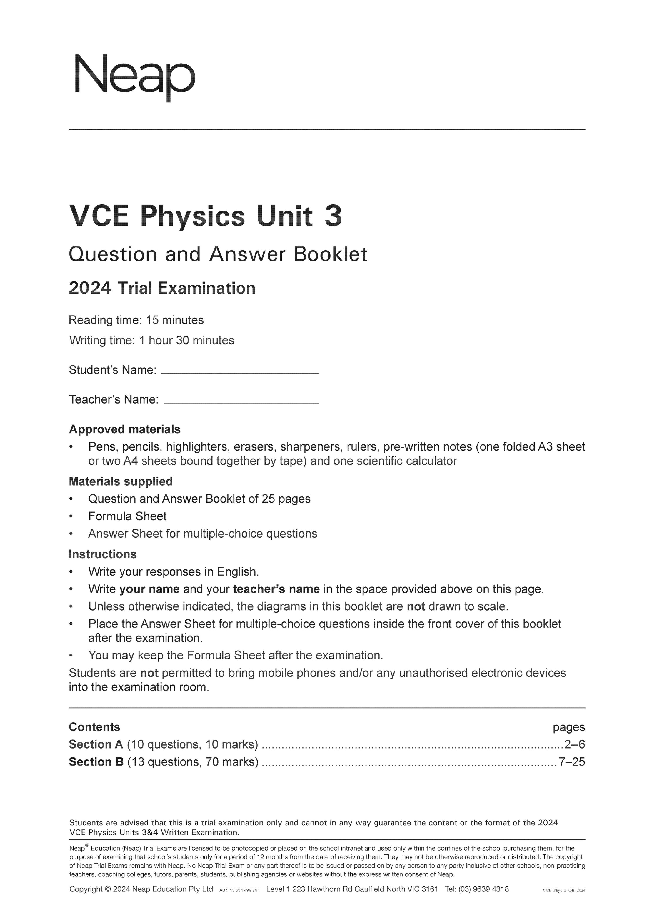 Neap Practice Exam: 2024 VCE Physics Unit 3 – ATAR Notes