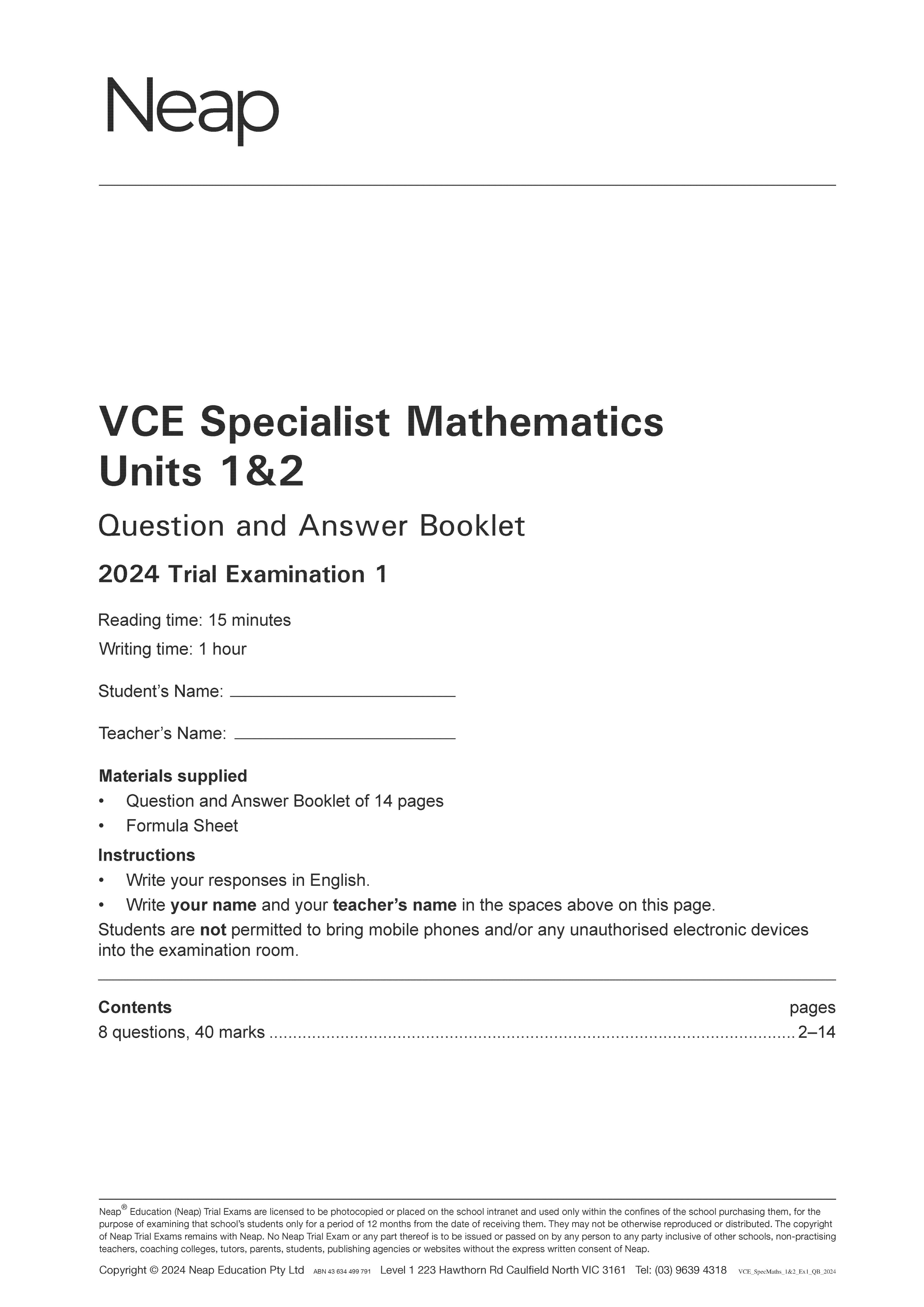 Neap Trial Exam: 2024 VCE Specialist Maths Units 1&2 – ATAR Notes