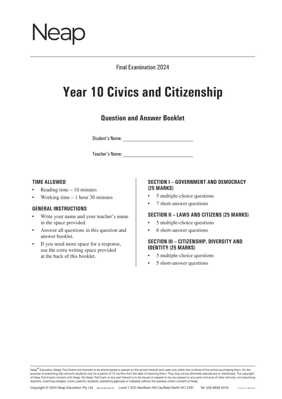 Neap Trial Exam: 2024 Year 10 Civics and Citizenship – ATAR Notes