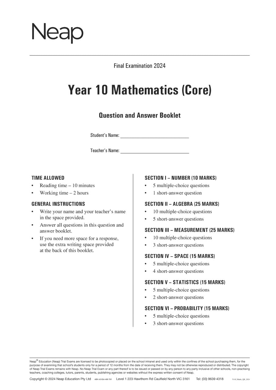 Neap Trial Exam: 2024 Year 10 Maths – ATAR Notes