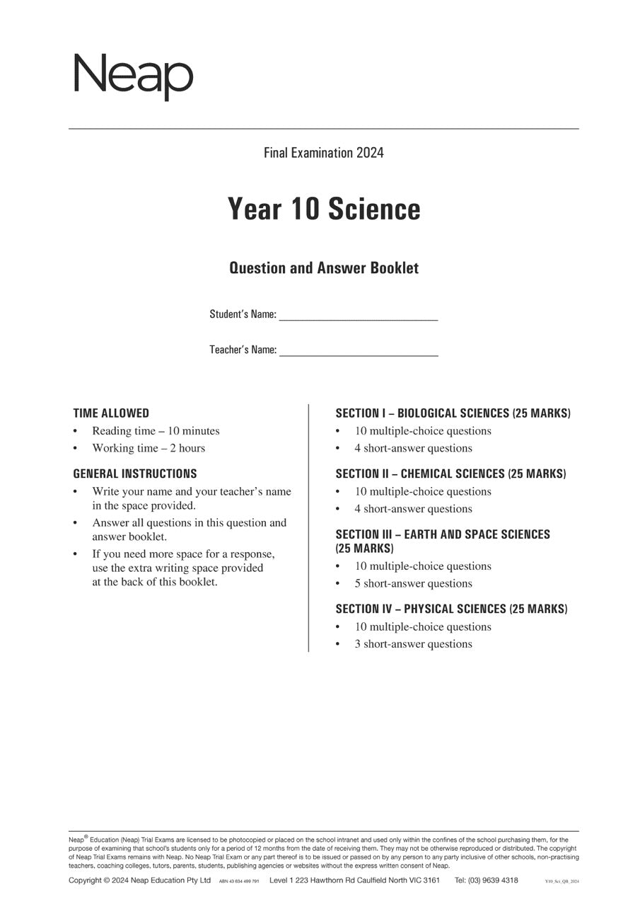 Neap Practice Exam: 2024 Year 10 Science – ATAR Notes