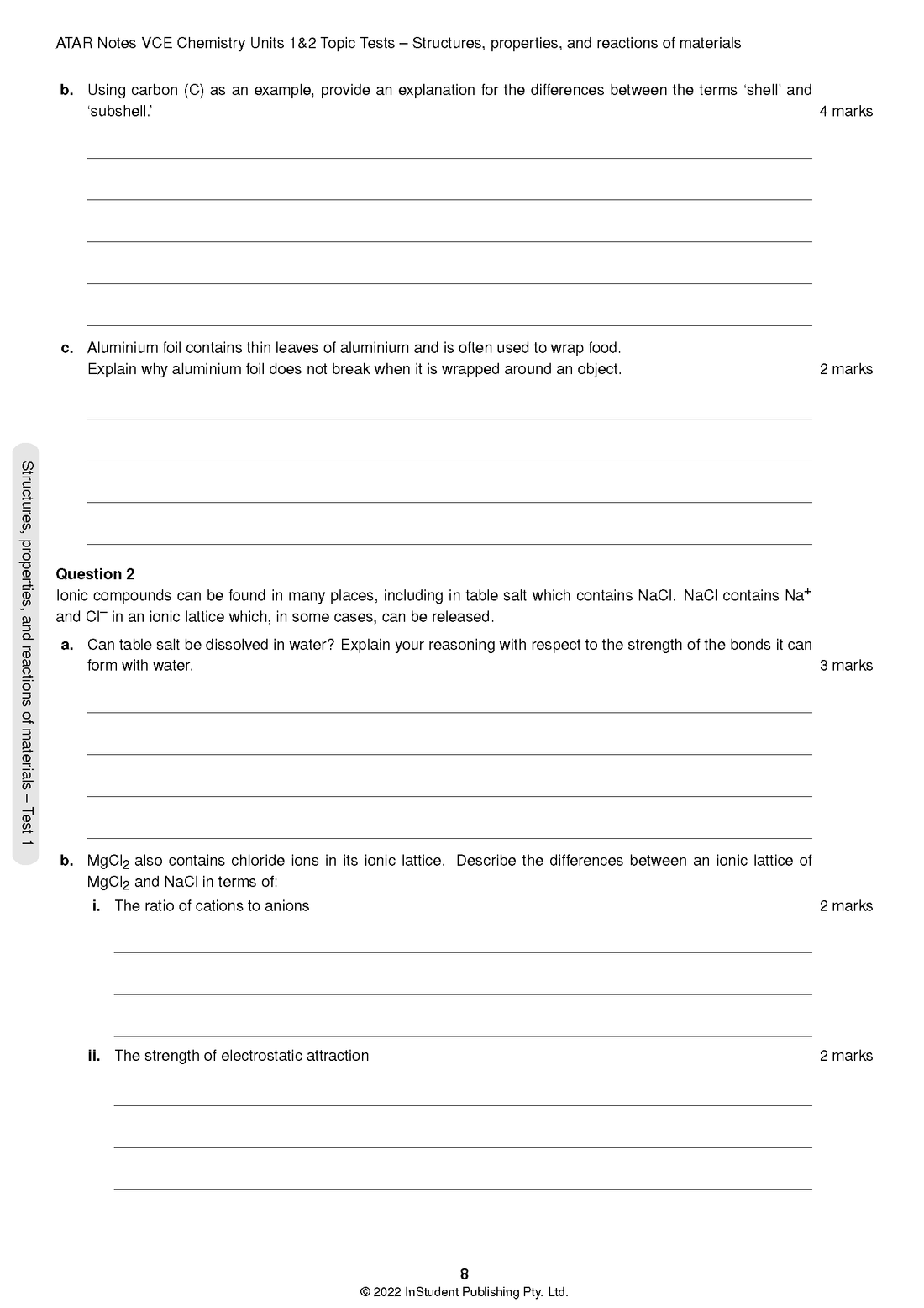 ATAR Notes VCE Chemistry 1&2 Topic Tests (2023-2024)