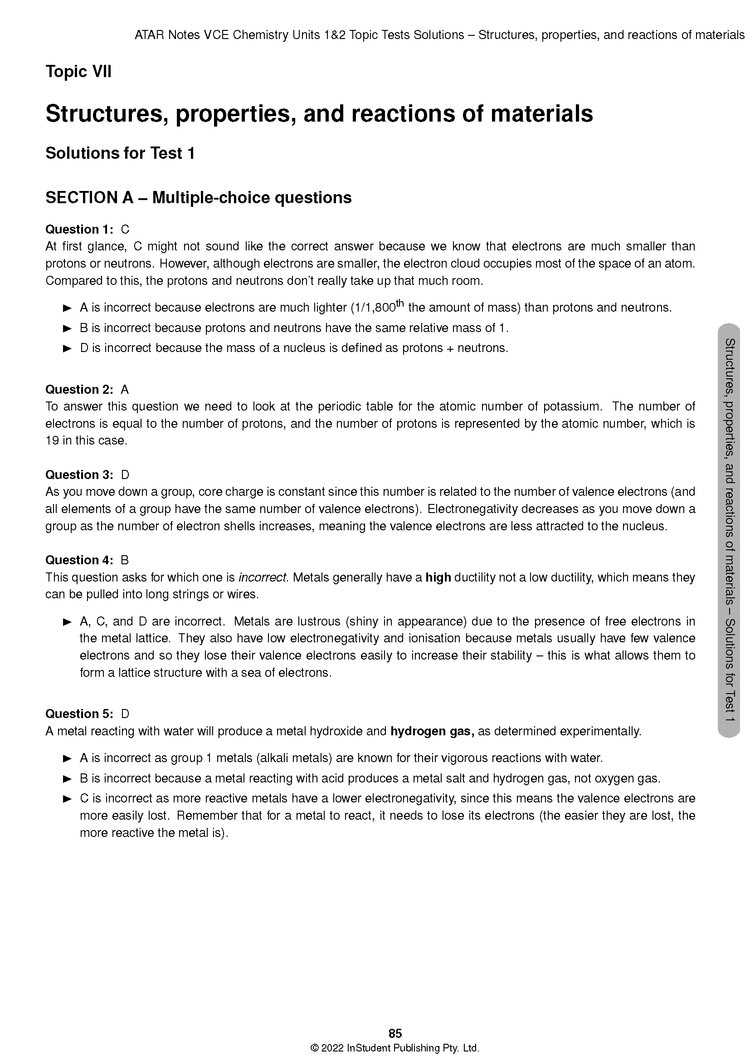 ATAR Notes VCE Chemistry 1&2 Topic Tests (2023-2024)