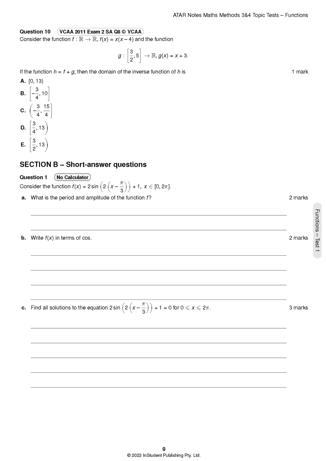 ATAR Notes VCE Maths Methods 3&4 Topic Tests (2023-2024)