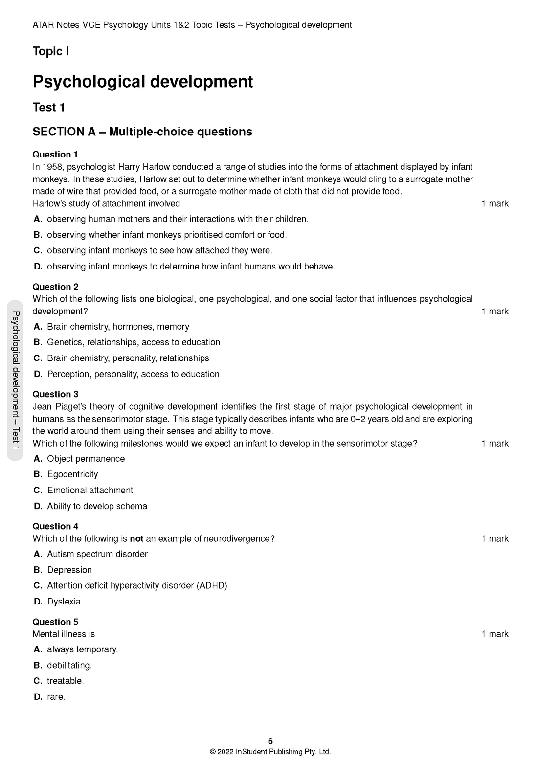 ATAR Notes VCE Psychology 1&2 Topic Tests (2023-2024)