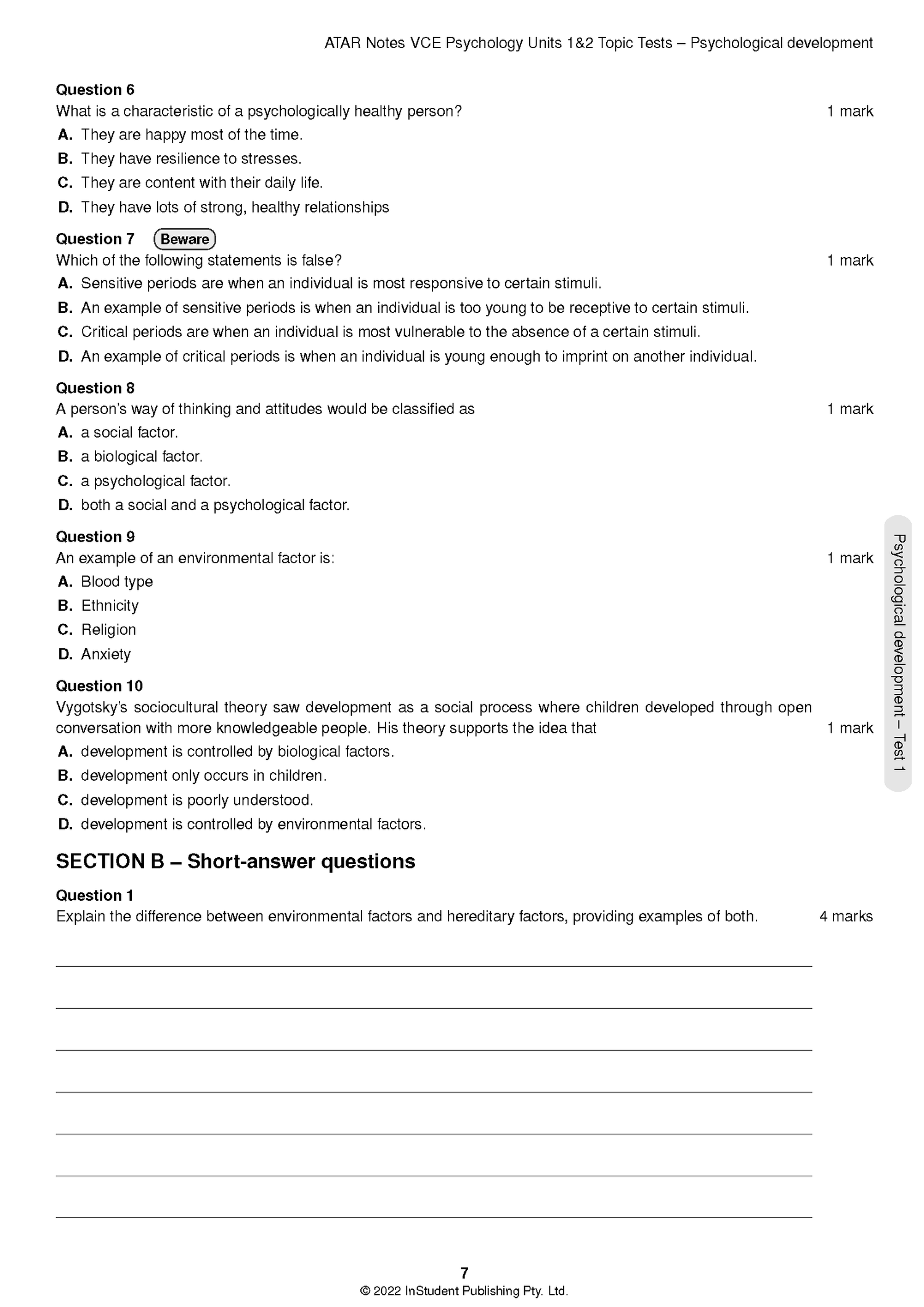 ATAR Notes VCE Psychology 1&2 Topic Tests (2023-2024)