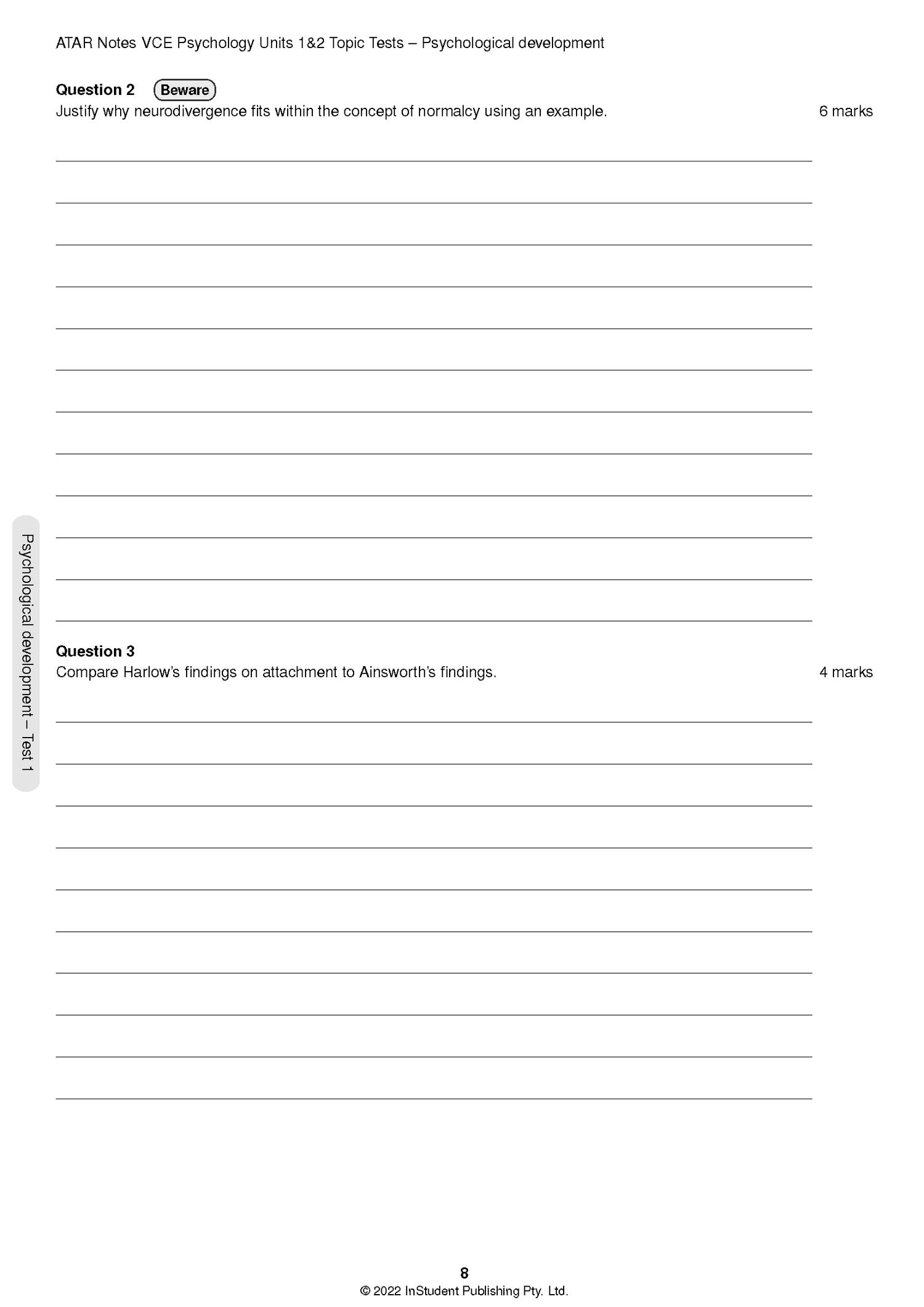 ATAR Notes VCE Psychology 1&2 Topic Tests (2023-2024)