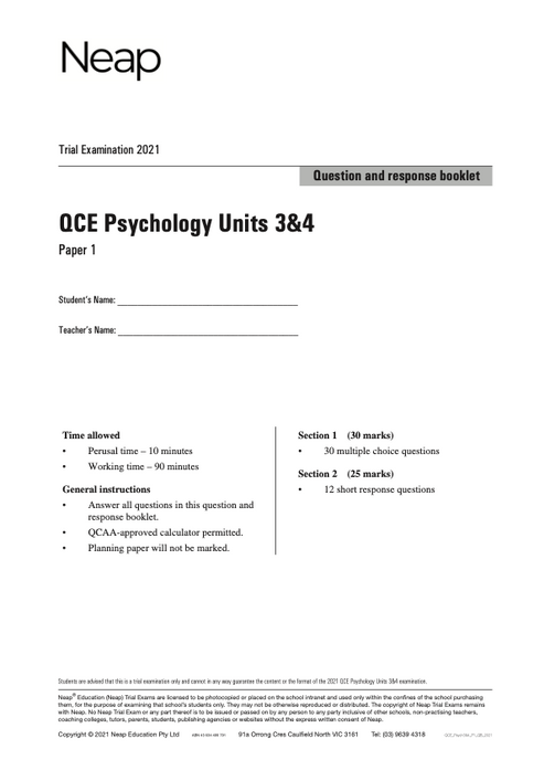 Neap Practice Exam: 2022 QCE Psychology Units 3&4 (Papers 1&2) – ATAR Notes